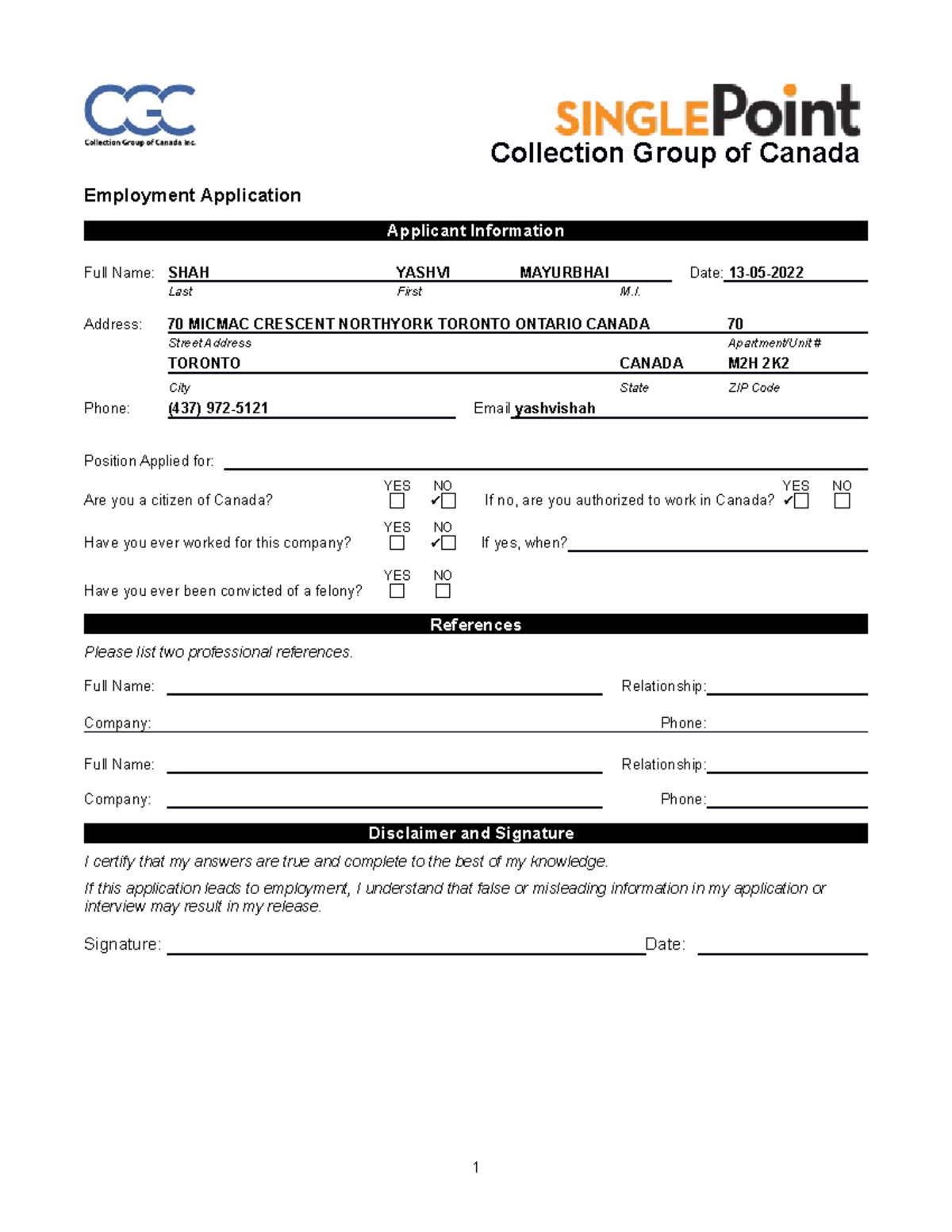 Employment Application - Collection Group of Canada Employment ...