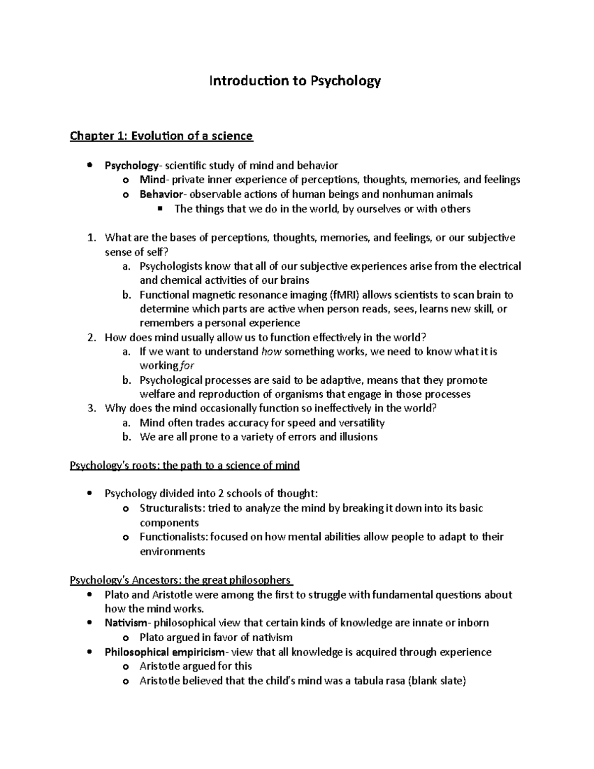 Psychology notes - Introduction to Psychology Chapter 1: Evolution of a ...