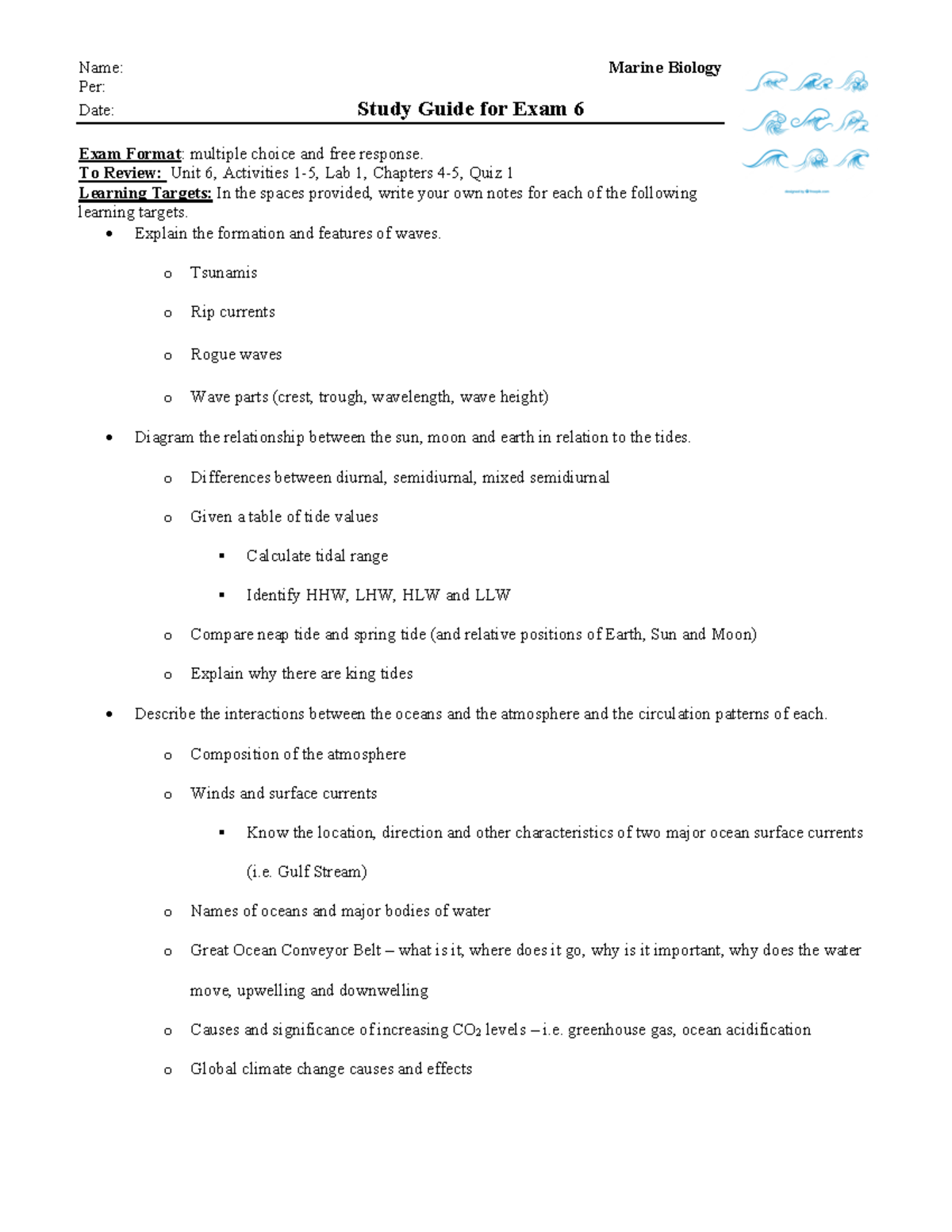 6 Study Guide - To Review: Unit 6, Activities 1- 5 , Lab 1 , Chapters 4 ...