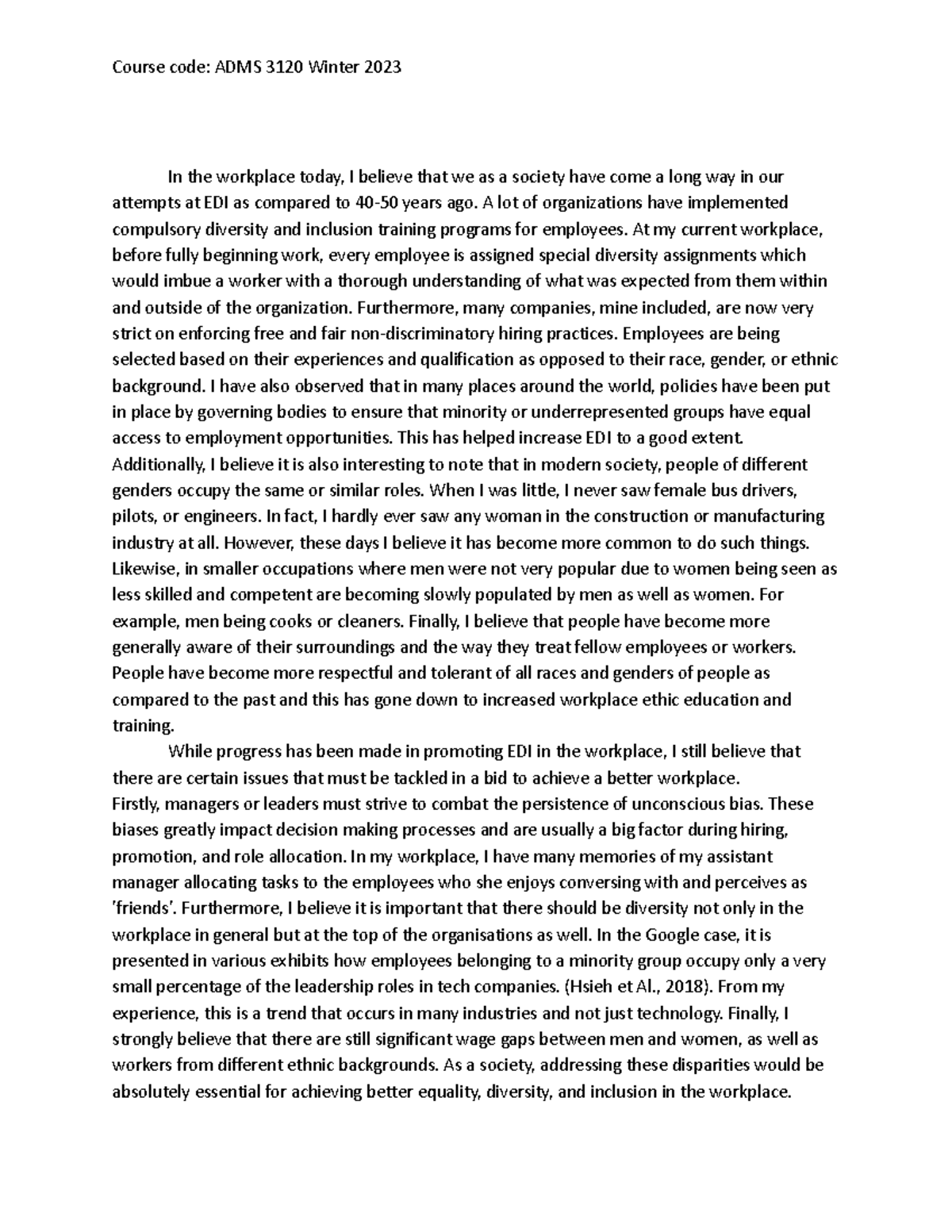 Journal 7 - Course code: ADMS 3120 Winter 2023 In the workplace today ...