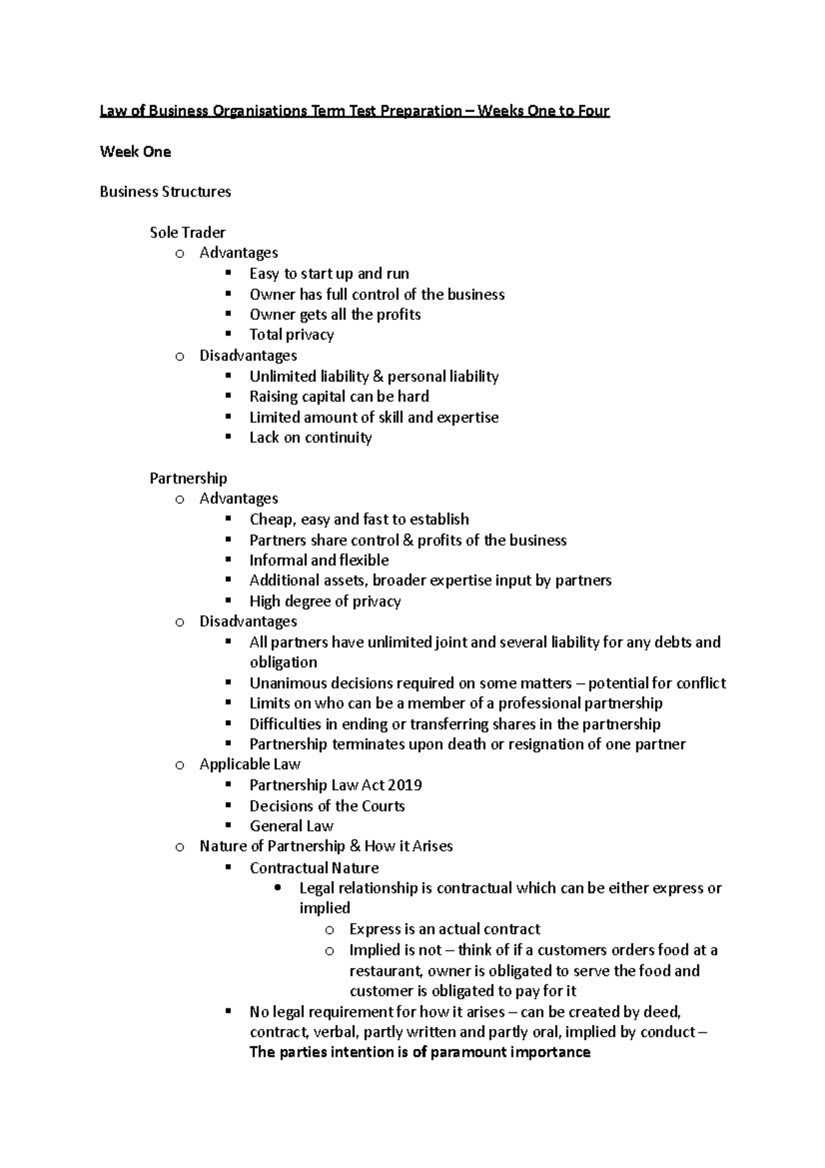 Law of Business Organisations Term Test Preparation - o Does a ...