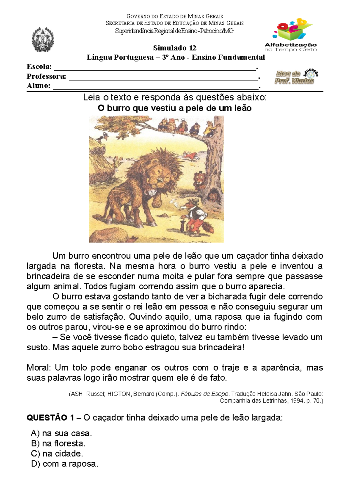 Simulado 12 (L. P - 3º Ano) - Blog do Prof. Warles - ####### GOVERNO DO ...