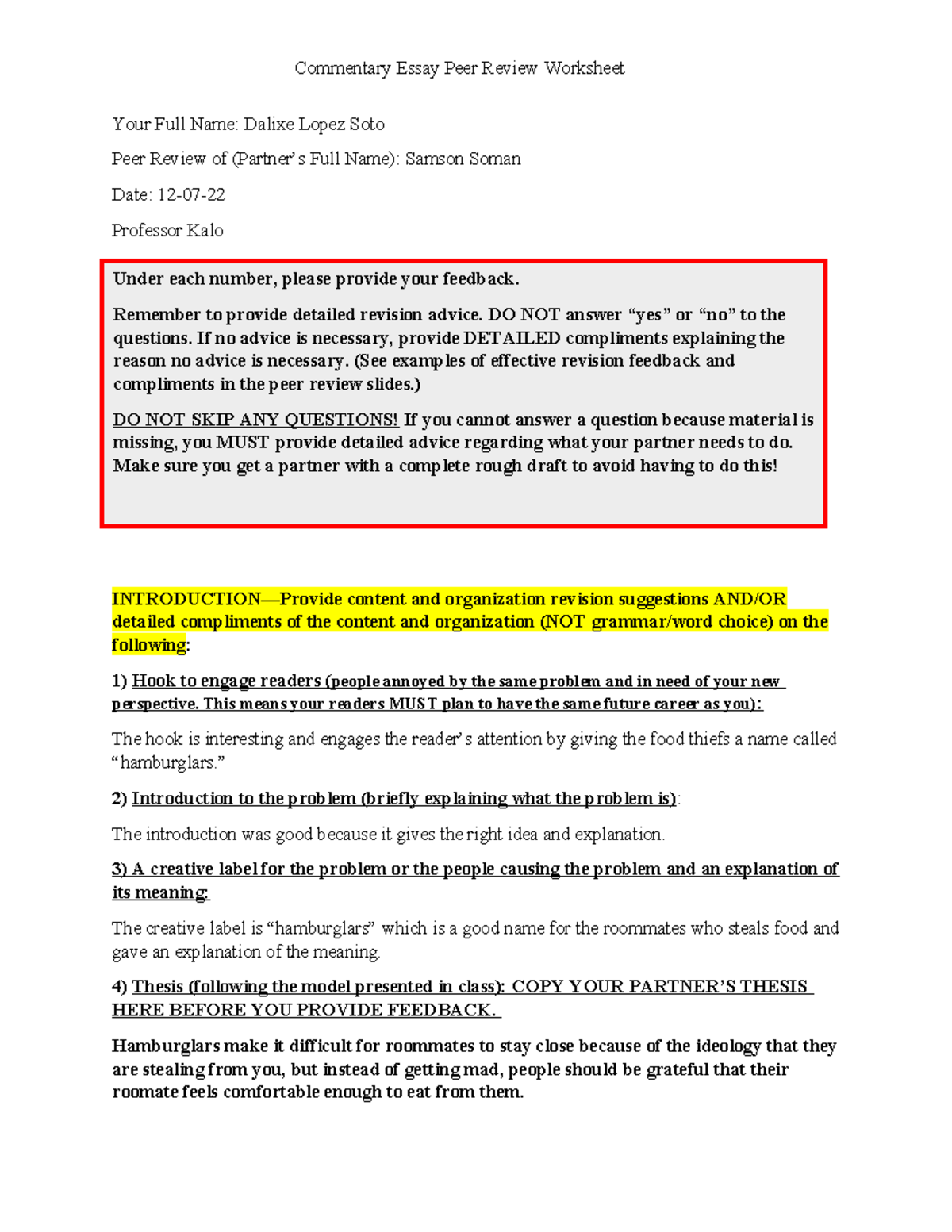 Commentary Essay Peer Review Worksheet - Your Full Name: Dalixe Lopez ...