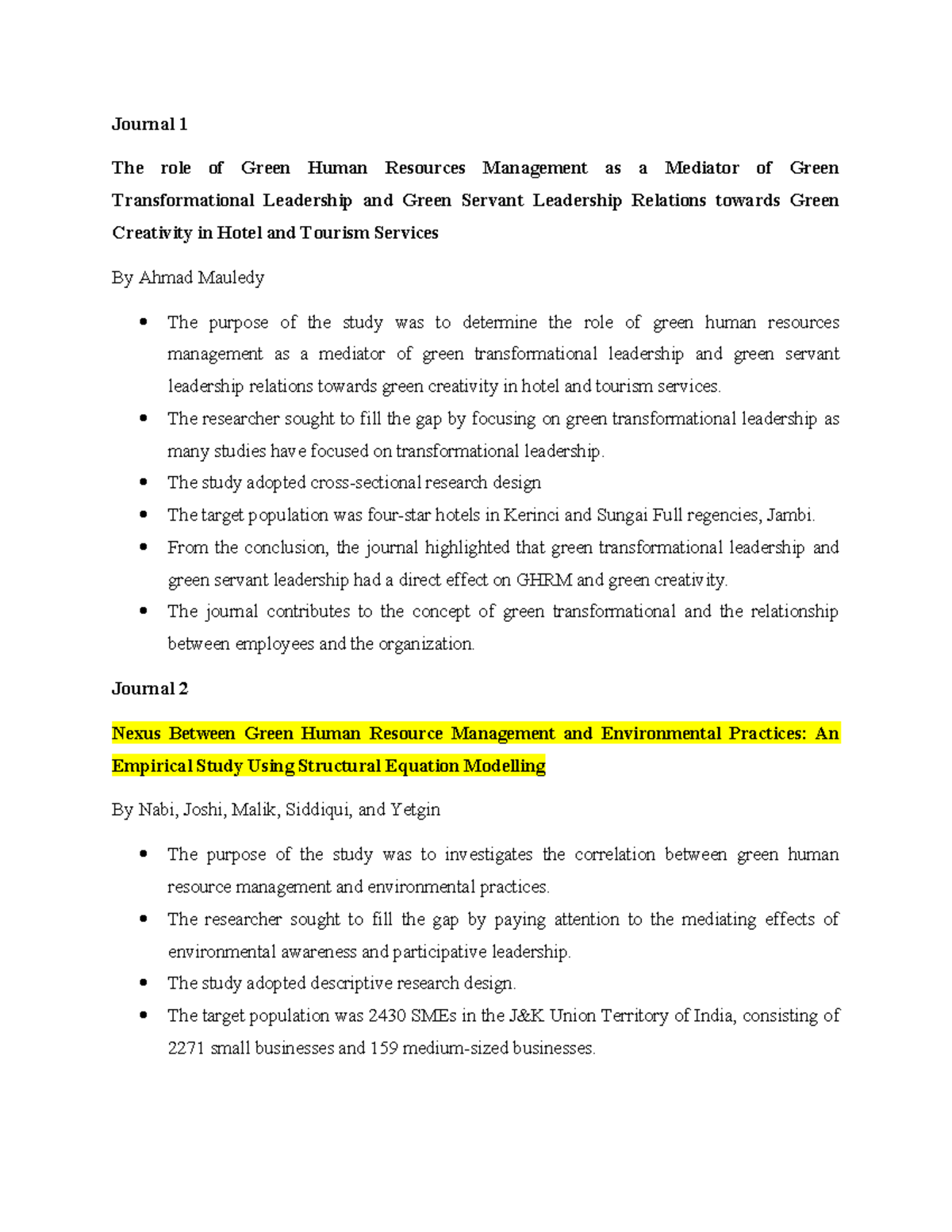 Journals - The researcher sought to fill the gap by focusing on green ...