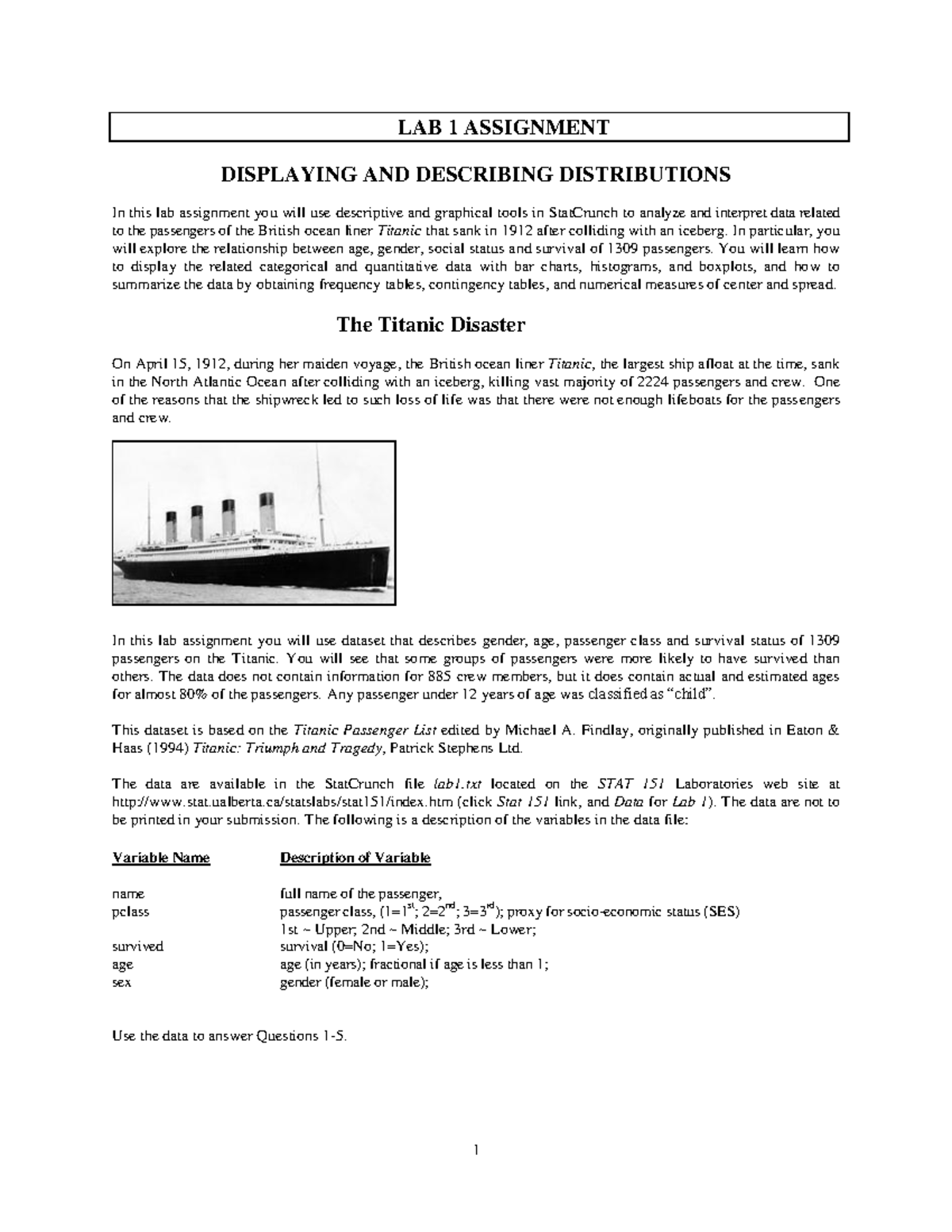 Lab1 - Statistics lab on displaying and describing distributions - LAB 1 ASSIGNMENT DISPLAYING ...