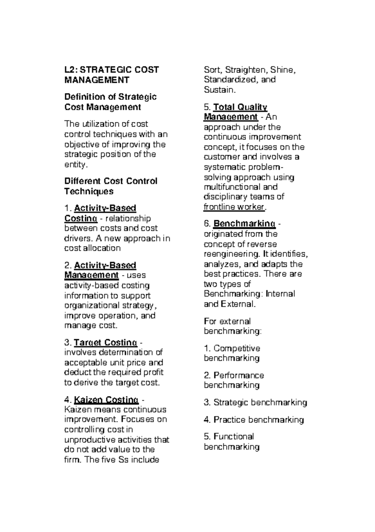 L2 Strategic COST Management Binder - L2: STRATEGIC COST MANAGEMENT ...