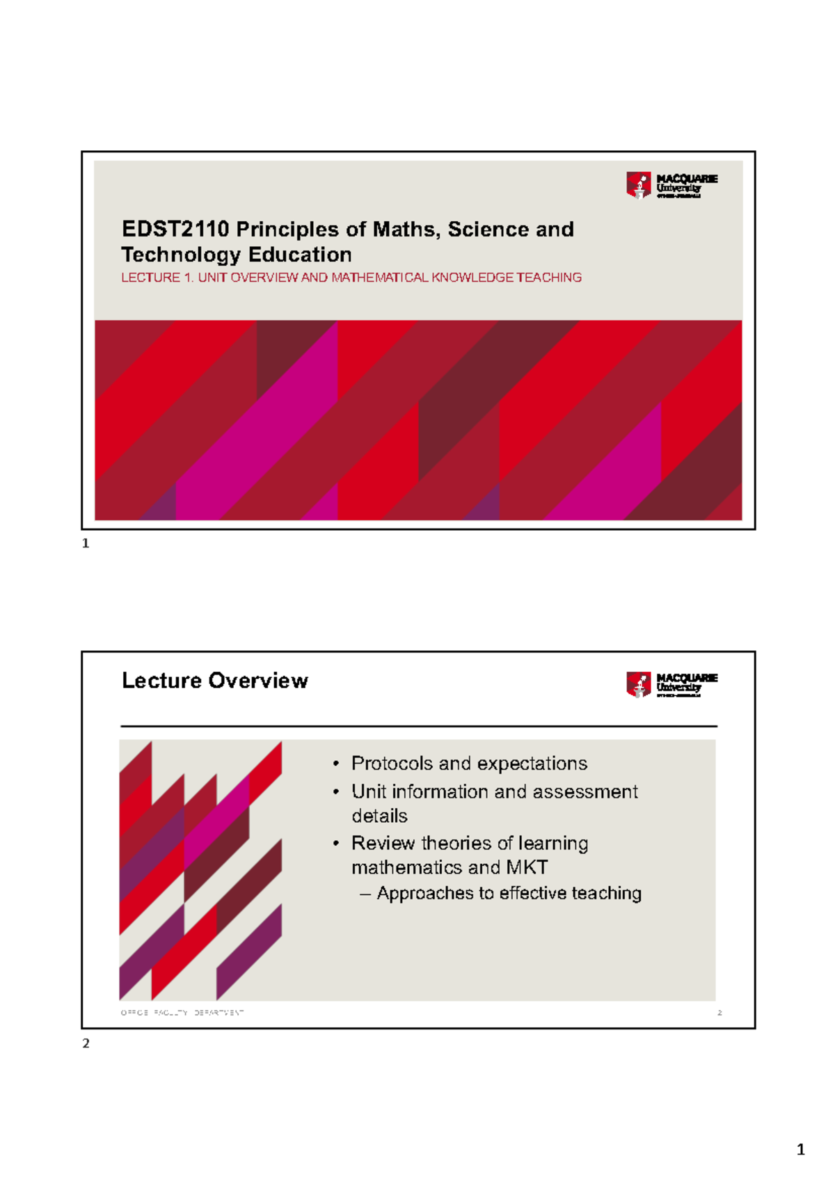 EDST2110 L1 - Lecture 1 - EDST2110 Principles of Maths, Science and Technology Education LECTURE ...