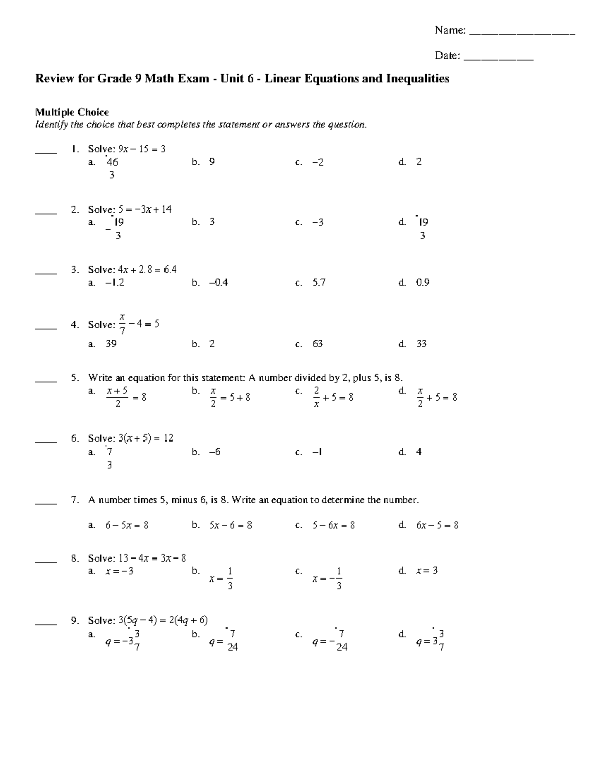 maths inequalities equations worksheet year 8 - Review for Grade 9 Math ...