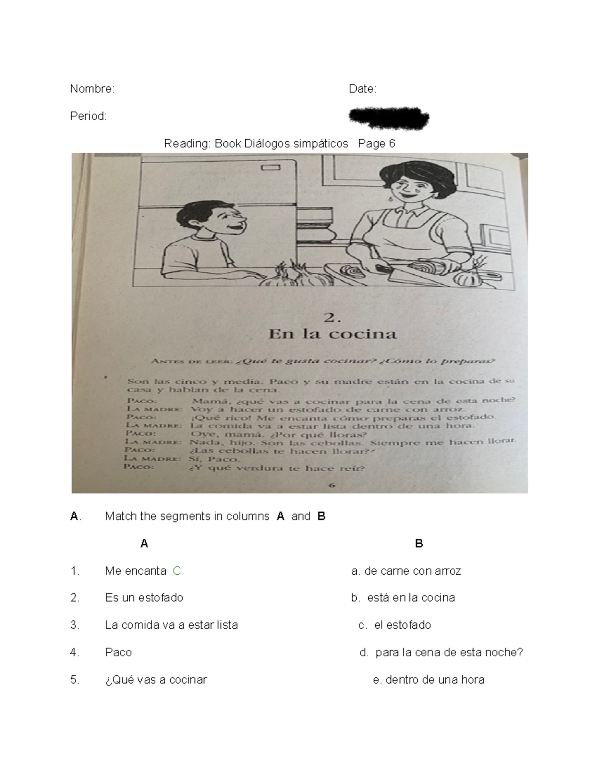 - Reading "En la cocina" - Nombre: Date: Period: Ms. Jimenez Reading ...