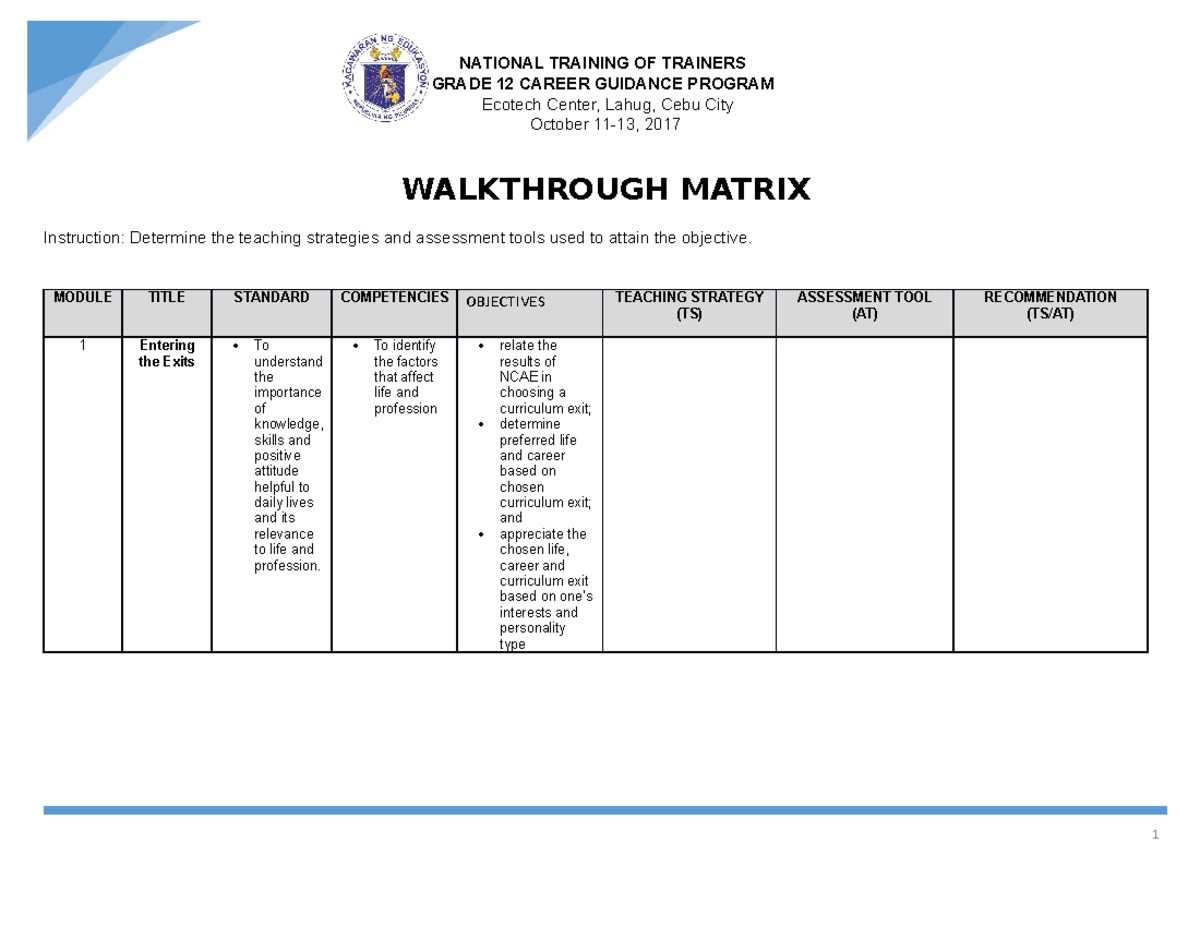 Walkthrough Matrix - summary on perdev - GRADE 12 CAREER GUIDANCE ...