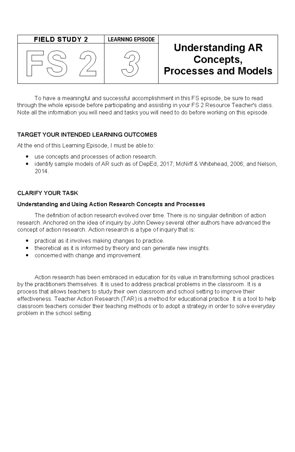 FS2 - Episode 3 - FS 2 - FIELD STUDY 2 LEARNING EPISODE Understanding AR Concepts, FS 2 3 ...
