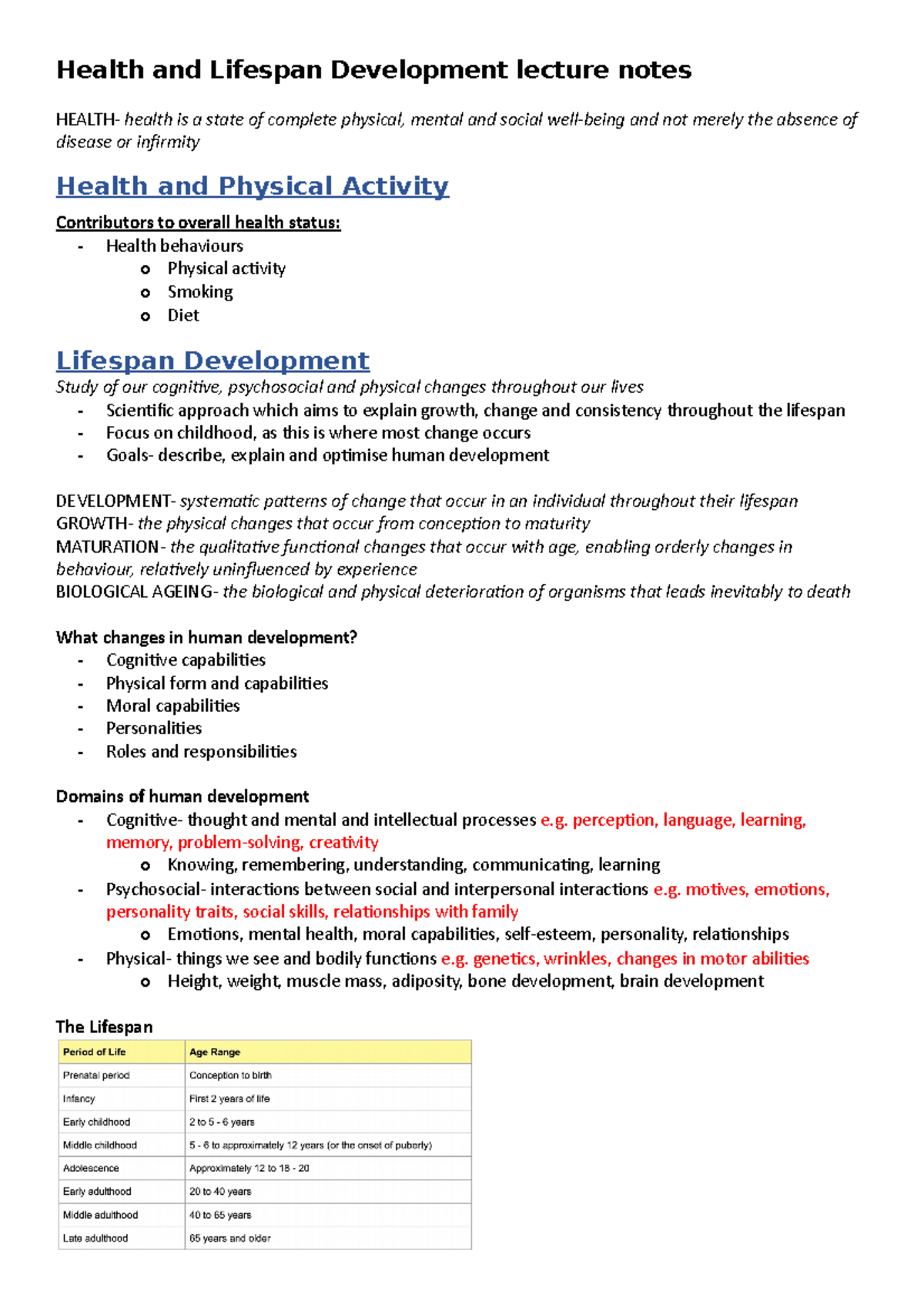 Health and Lifespan Development lecture notes - perception, language ...
