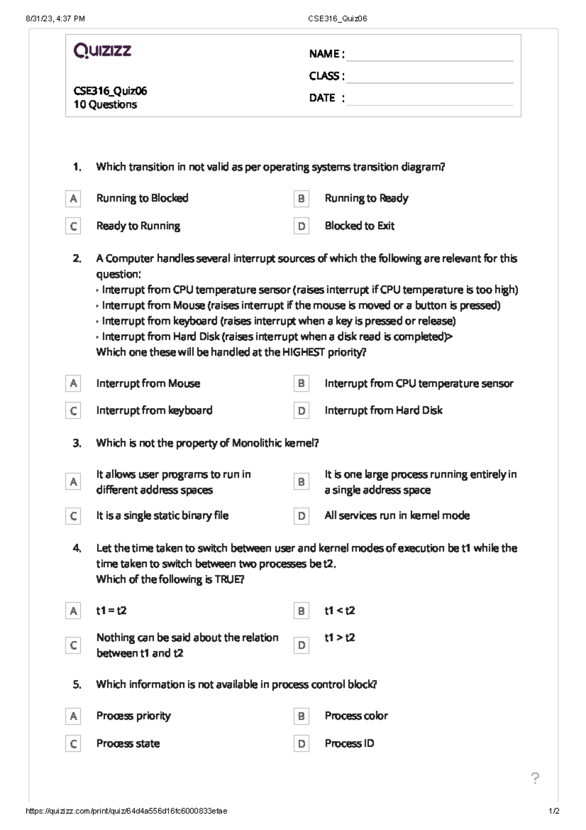 6 CSE316 Quiz06 - cse 316 met quiz - 8/31/23, 4:37 PM CSE316_Quiz - Studocu