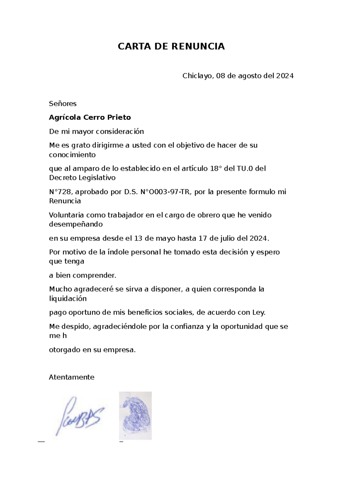 Carta DE Renuncia - deast - CARTA DE RENUNCIA Chiclayo, 08 de agosto ...