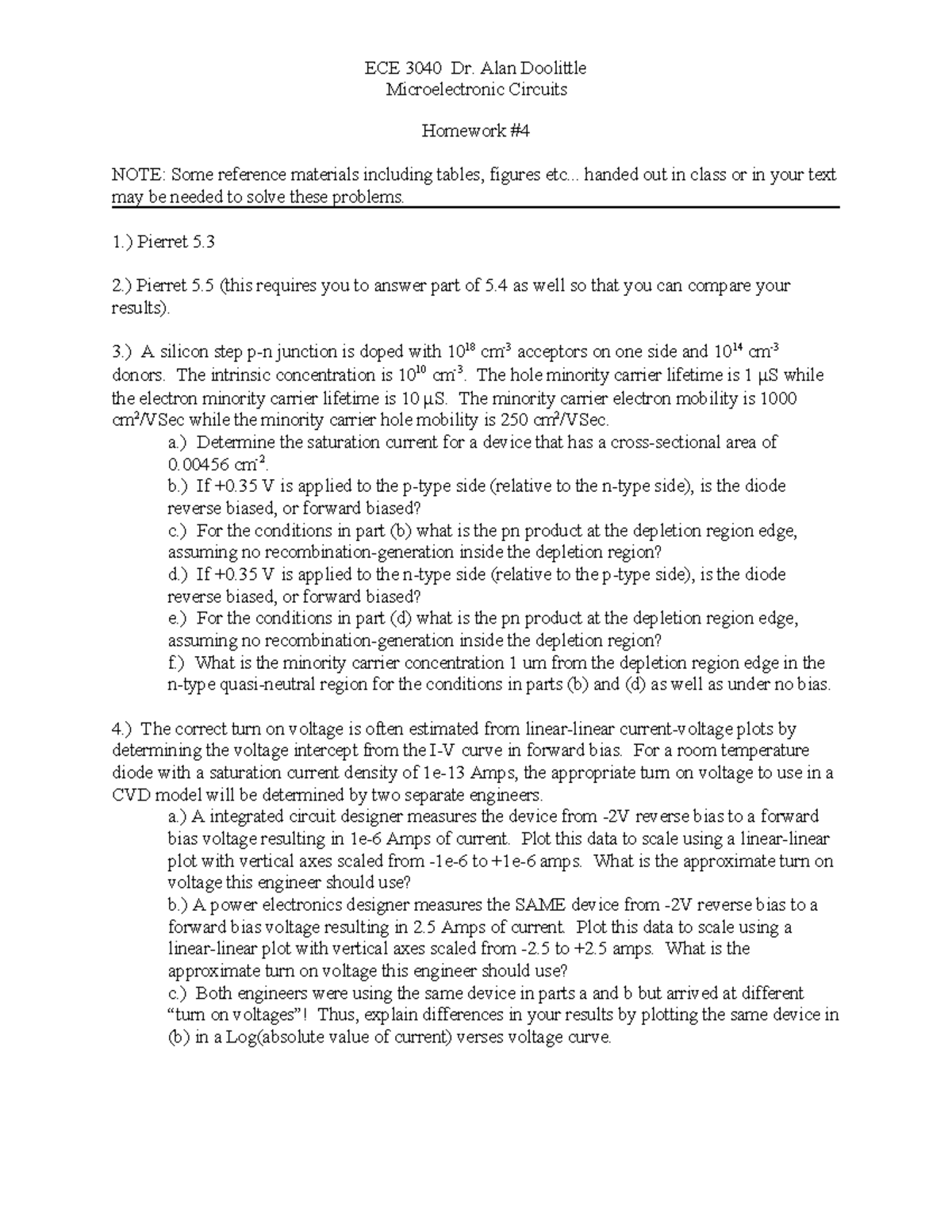 Homework 4 - Exam Practice - ECE 3040 Dr. Alan Doolittle Microelectronic Circuits Homework ...