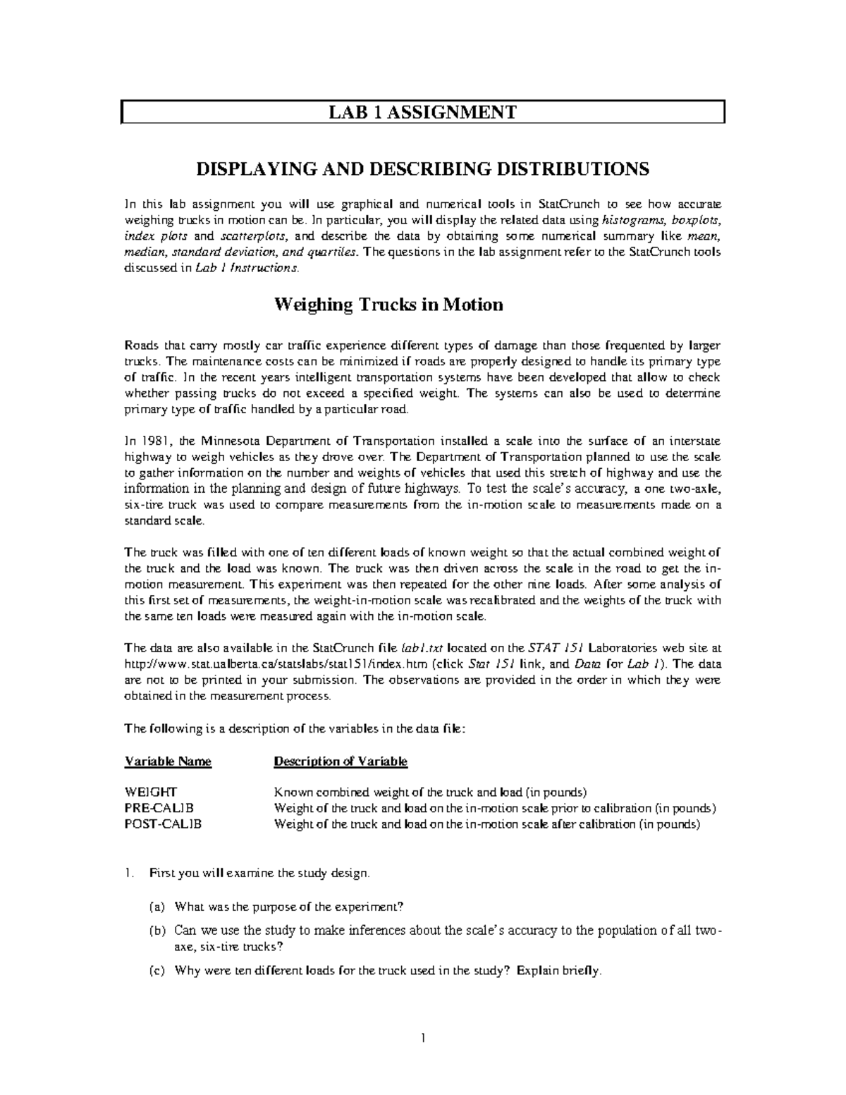 Practical - Lab 1 assignment stat151 - 1 LAB 1 ASSIGNMENT DISPLAYING AND DESCRIBING ...