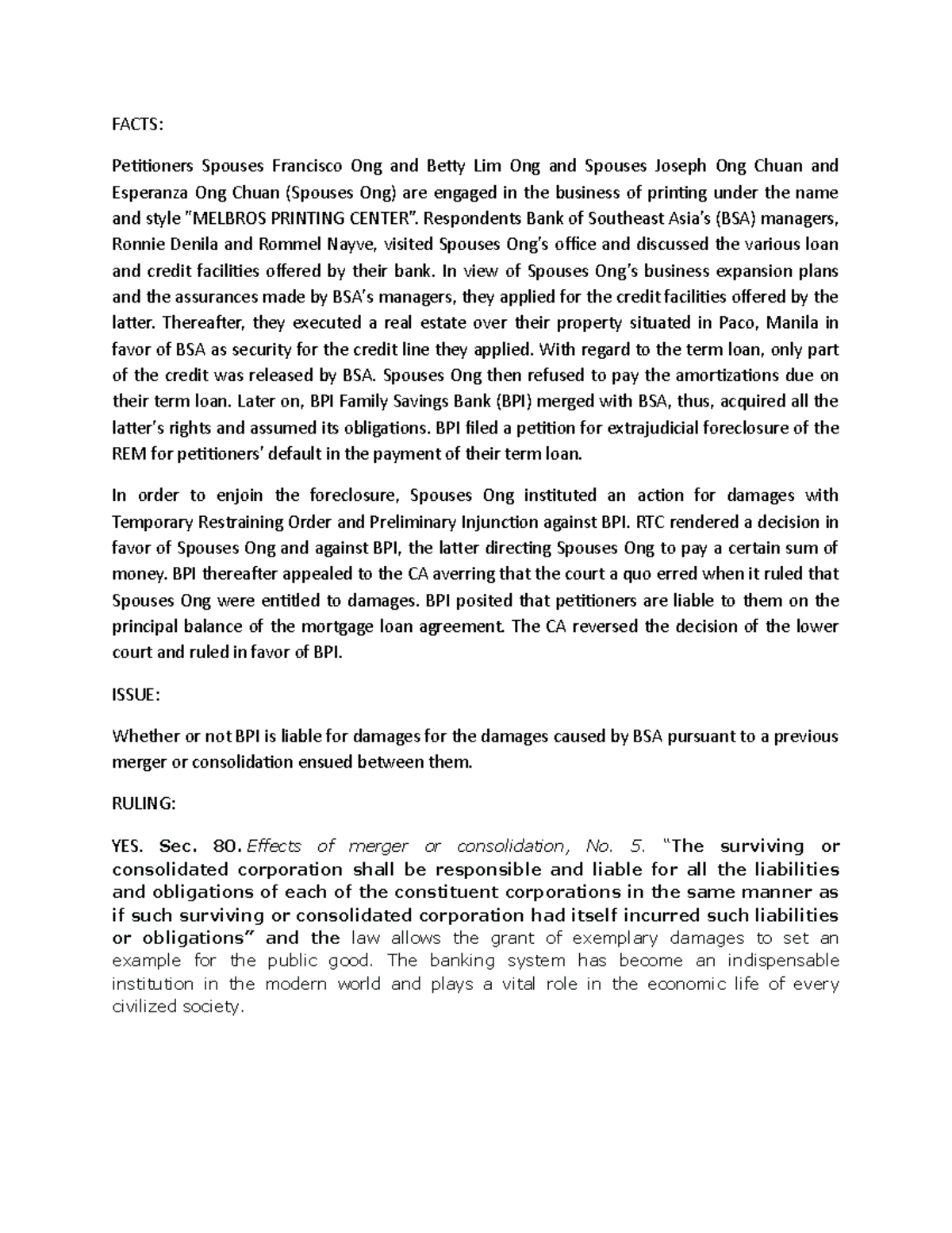 ONG - Lecture notes 1 - FACTS: Peiioners Spouses Francisco Ong and Bety ...