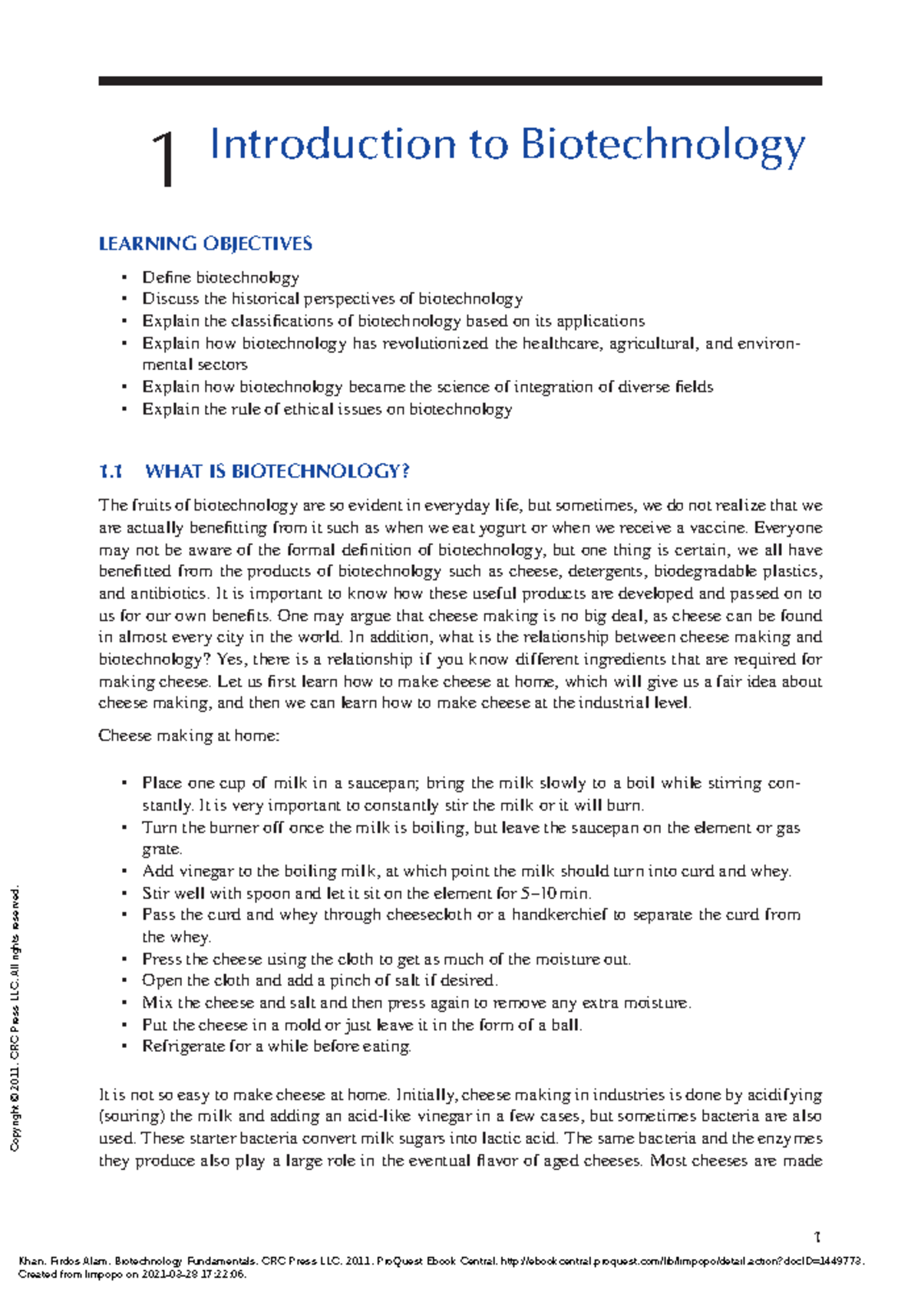 Biotechnology_Fundamentals - 1 1 Introduction to Biotechnology LEARNING OBJECTIVES - Studocu