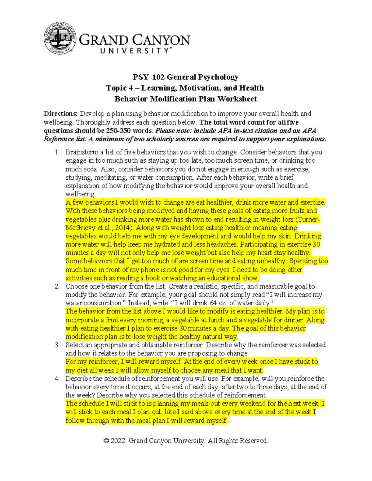 Behavior Modification Plan - PSY-102 General Psychology Topic 4 ...