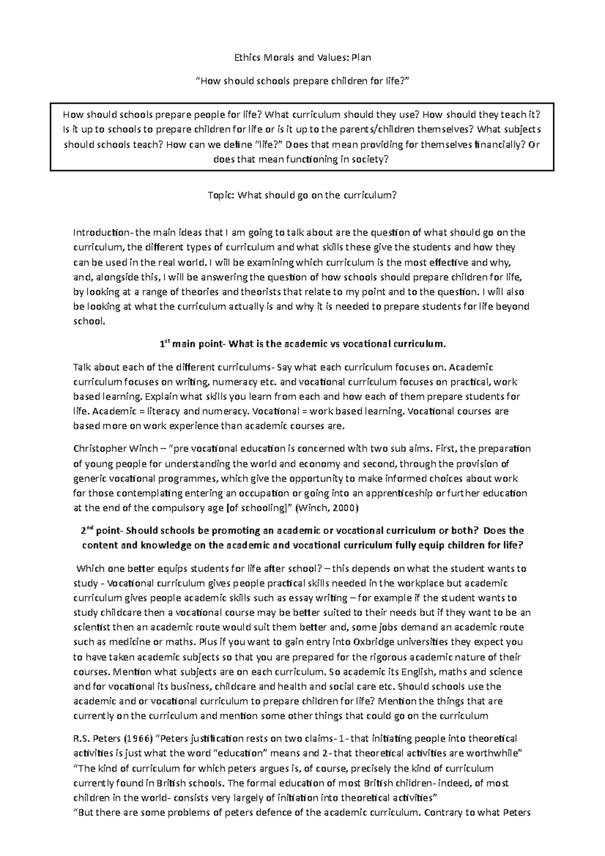 Ethics Essay- Curriculum - Ethics Morals and Values: Plan “How should ...