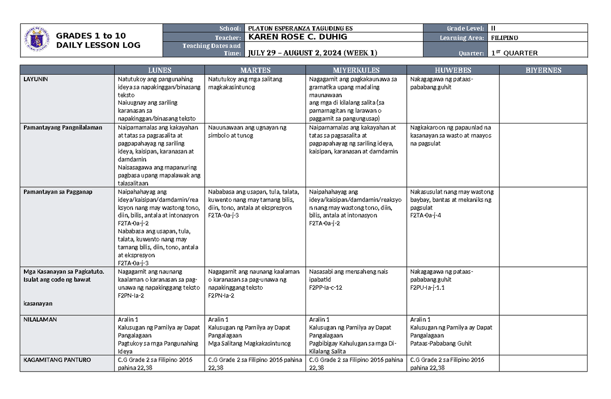 DLL Filipino 2 Q1 W1 - GRADES 1 to 10 DAILY LESSON LOG School: PLATON ...