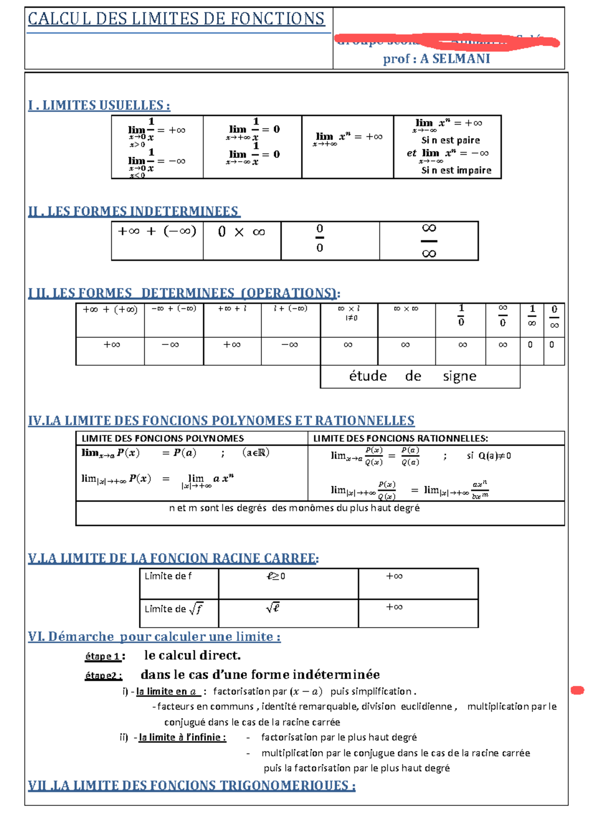 analyse 12 maths - CALCUL DES LIMITES DE FONCTIONS Groupe scolaire ...
