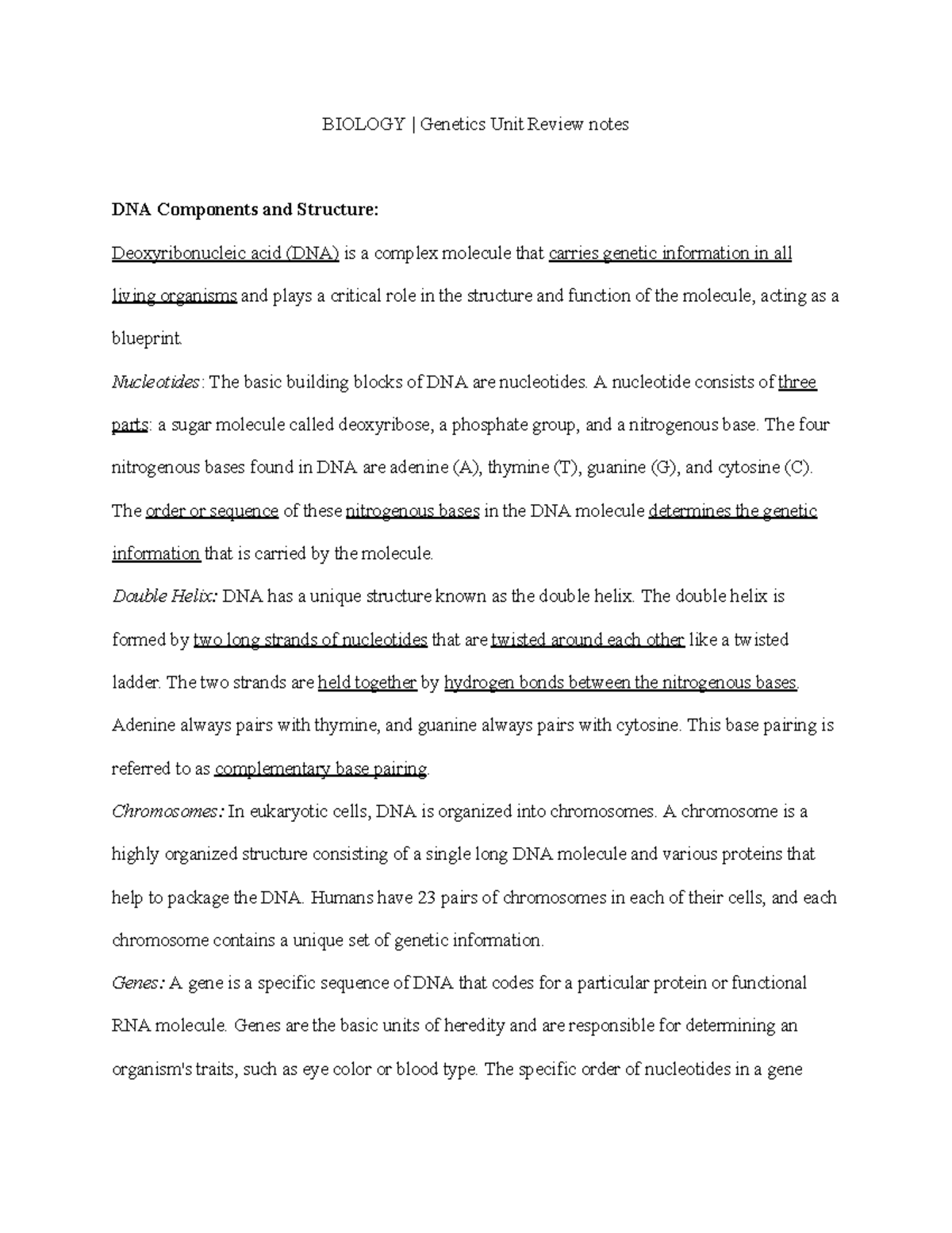 Biology Genetics Unit Review notes - BIOLOGY | Genetics Unit Review ...
