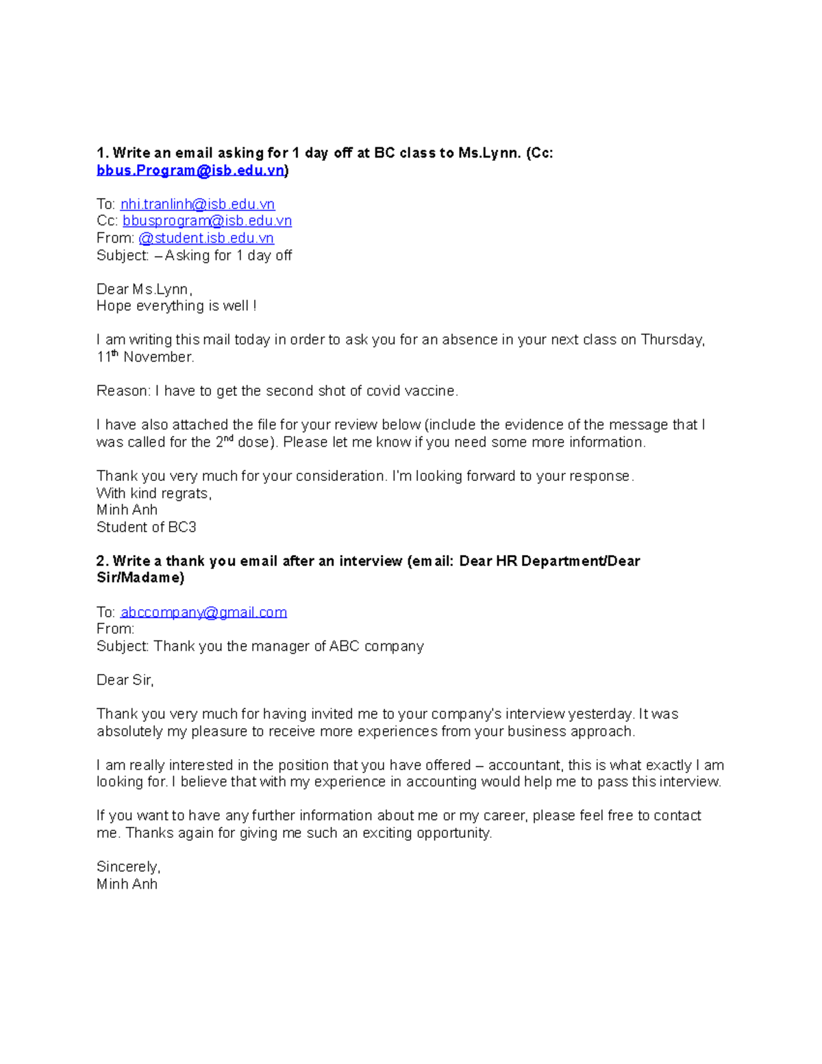 Practical workshop 2 - Write an email asking for 1 day off at BC class ...