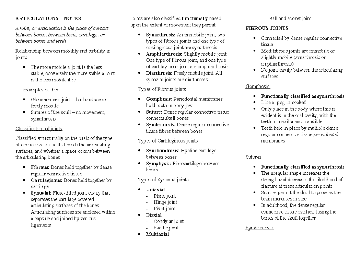 Notes on skeletal articulations - ARTICULATIONS – NOTES A joint, or ...