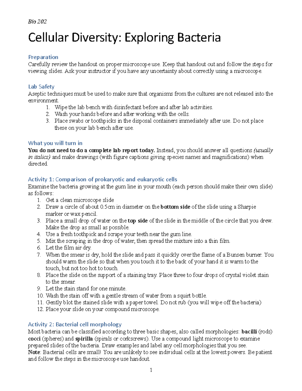 Student Instructions - Bacteria Lab - Bio 202 Cellular Diversity ...