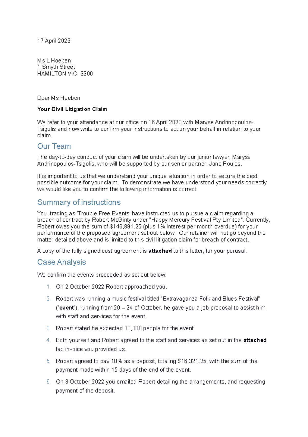 Letter of advice - 17 April 2023 Ms L Hoeben 1 Smyth Street HAMILTON ...