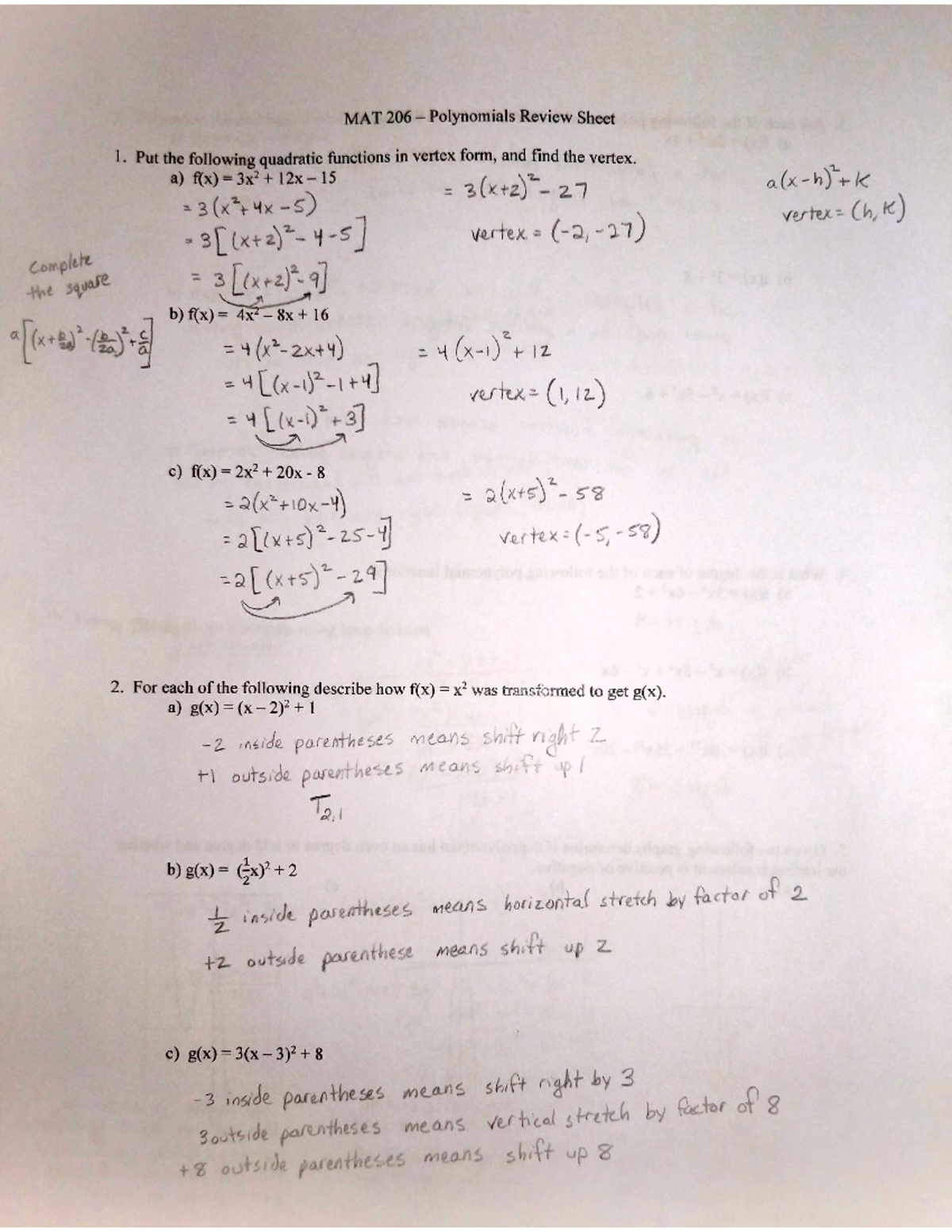 Polynomial functions Review Sheet Solutions - MAT 206 - Studocu