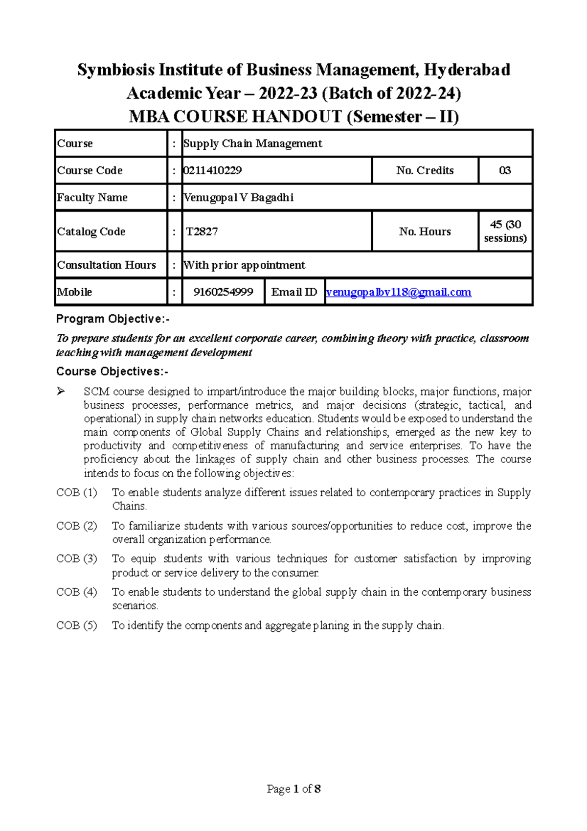 SCM course handout -SEM2, 22 Venugopal B - Symbiosis Institute of ...
