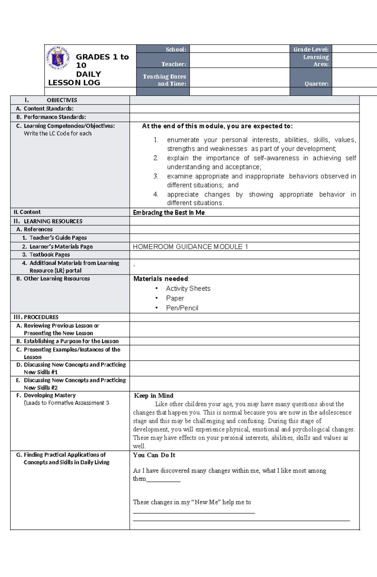Homeroom Guidance DLL WEEK 2 - GRADES 1 to 10 DAILY LESSON LOG School ...