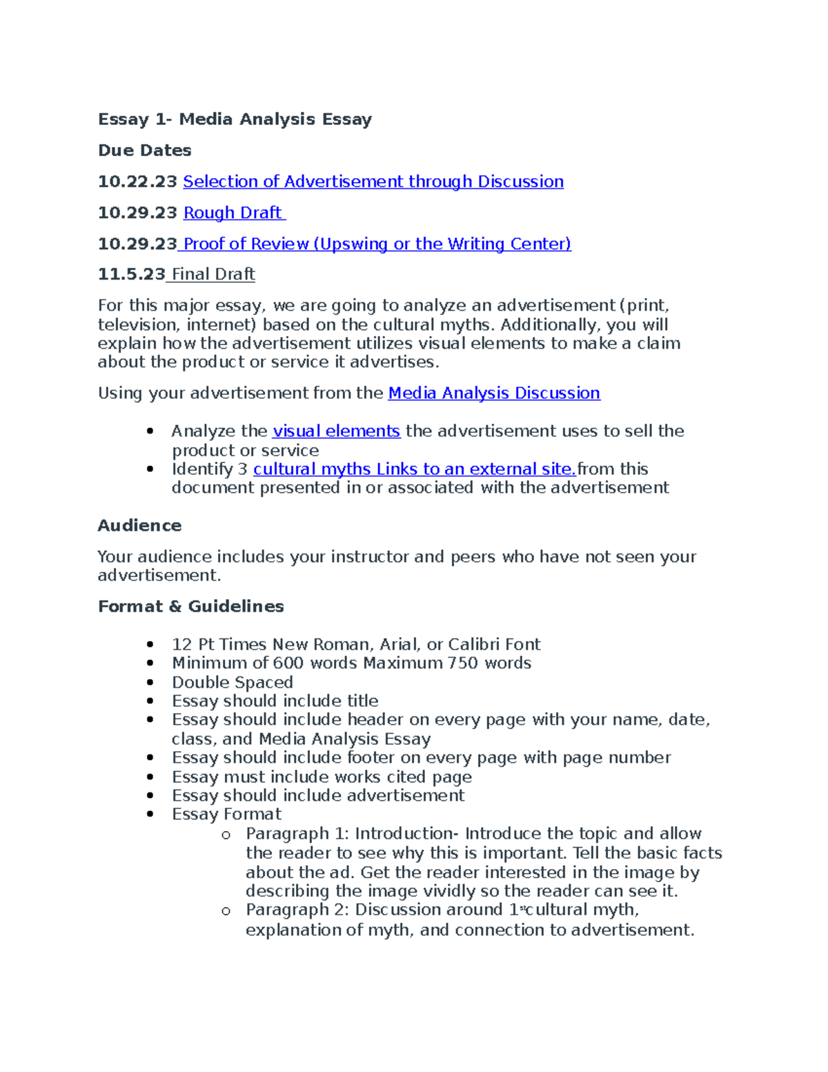 Essay instructions - Essay 1- Media Analysis Essay Due Dates 10.22 ...