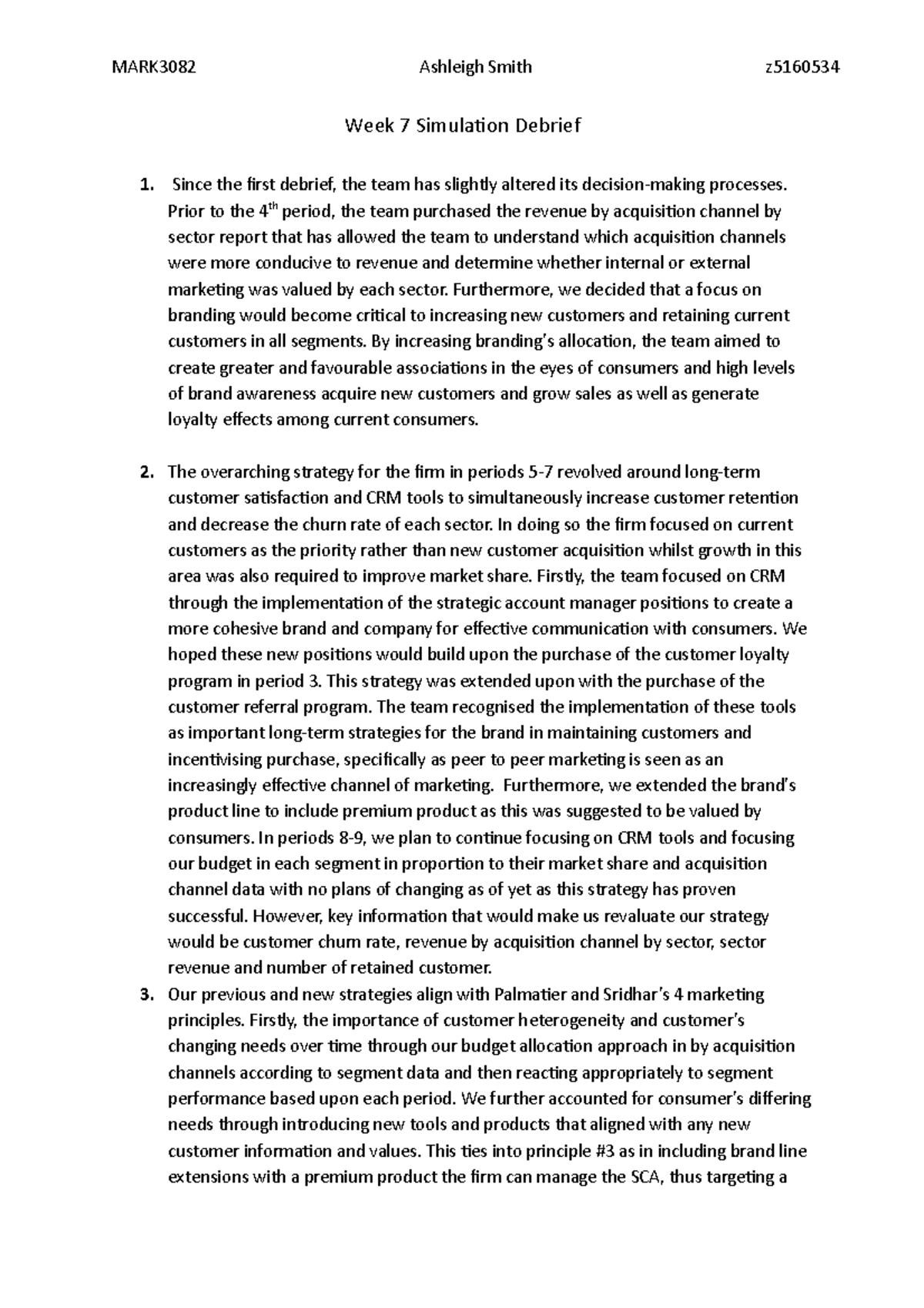 MARK3082 Week 7 Simulation Debrief - MARK3082 - UNSW Sydney - Studocu