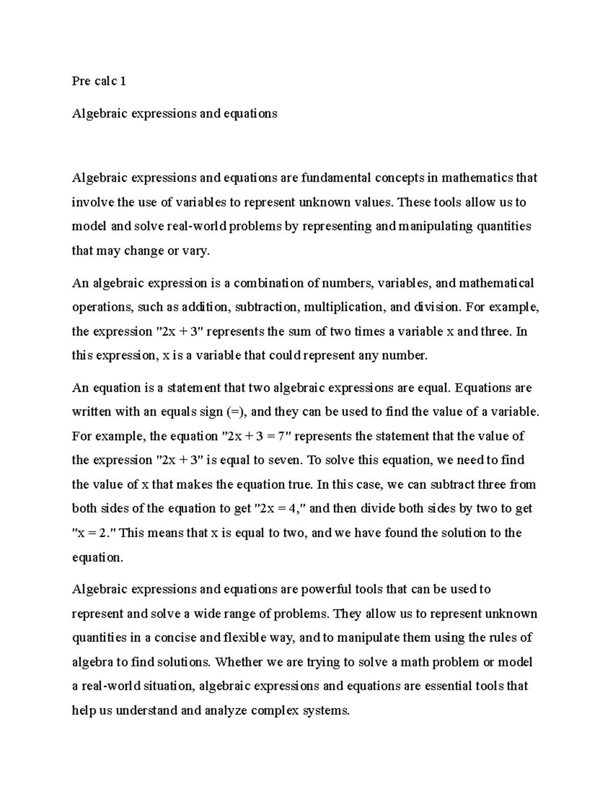 Pre calc Algebraic expressions and equations - Pre calc 1 Algebraic ...