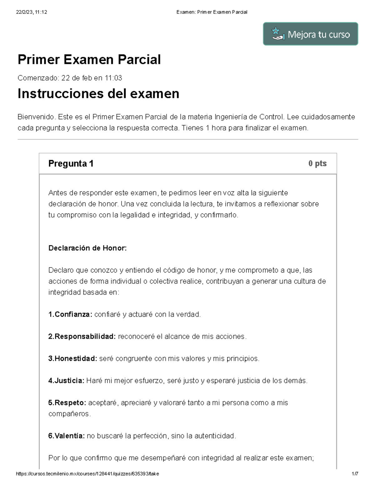 Exam Control 1 - Primer Examen Parcial Comenzado: 22 de feb en 11 ...