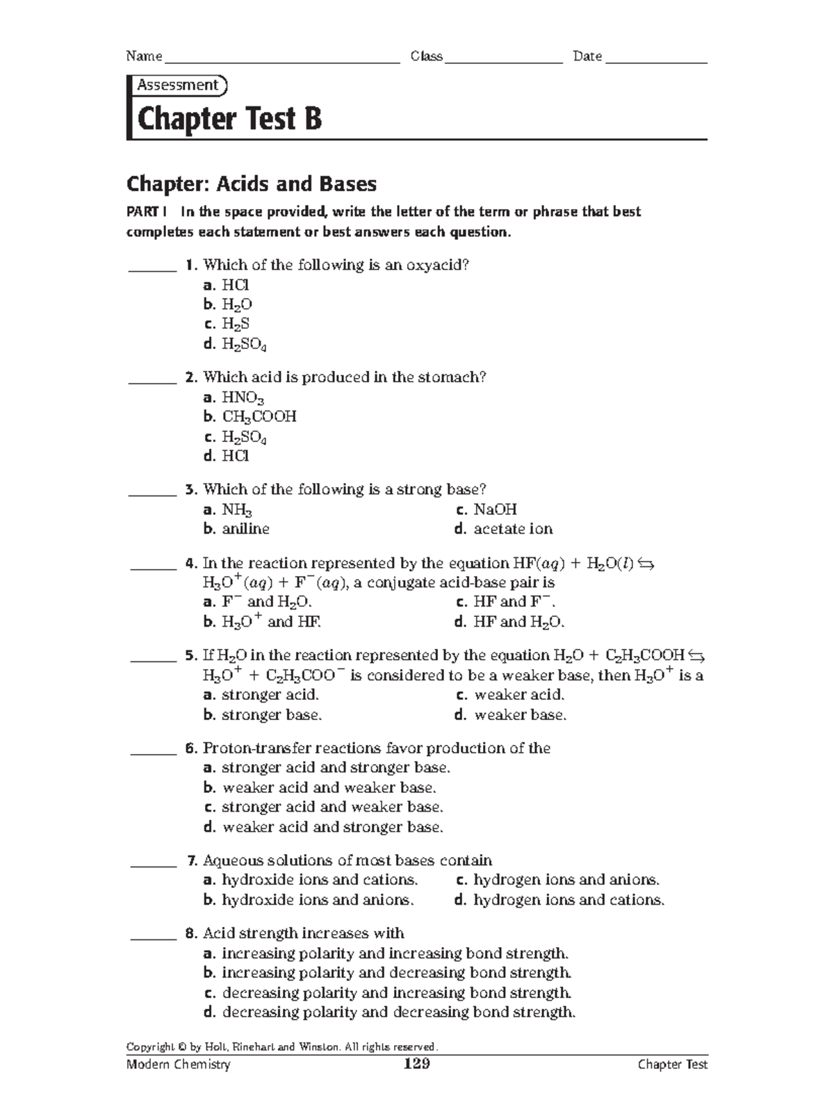 Ch 14 test b - srjydth - Copyright © by Holt, Rinehart and Winston. All ...