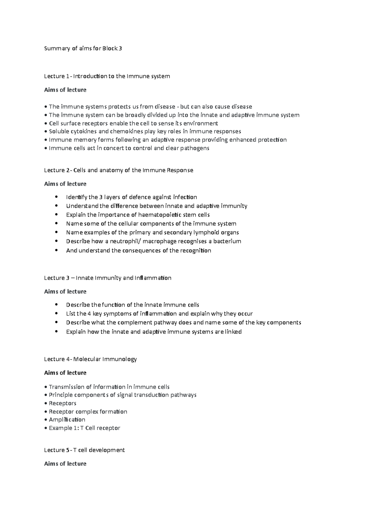 Block 3 Aims summary document - Summary of aims for Block 3 Lecture 1 ...