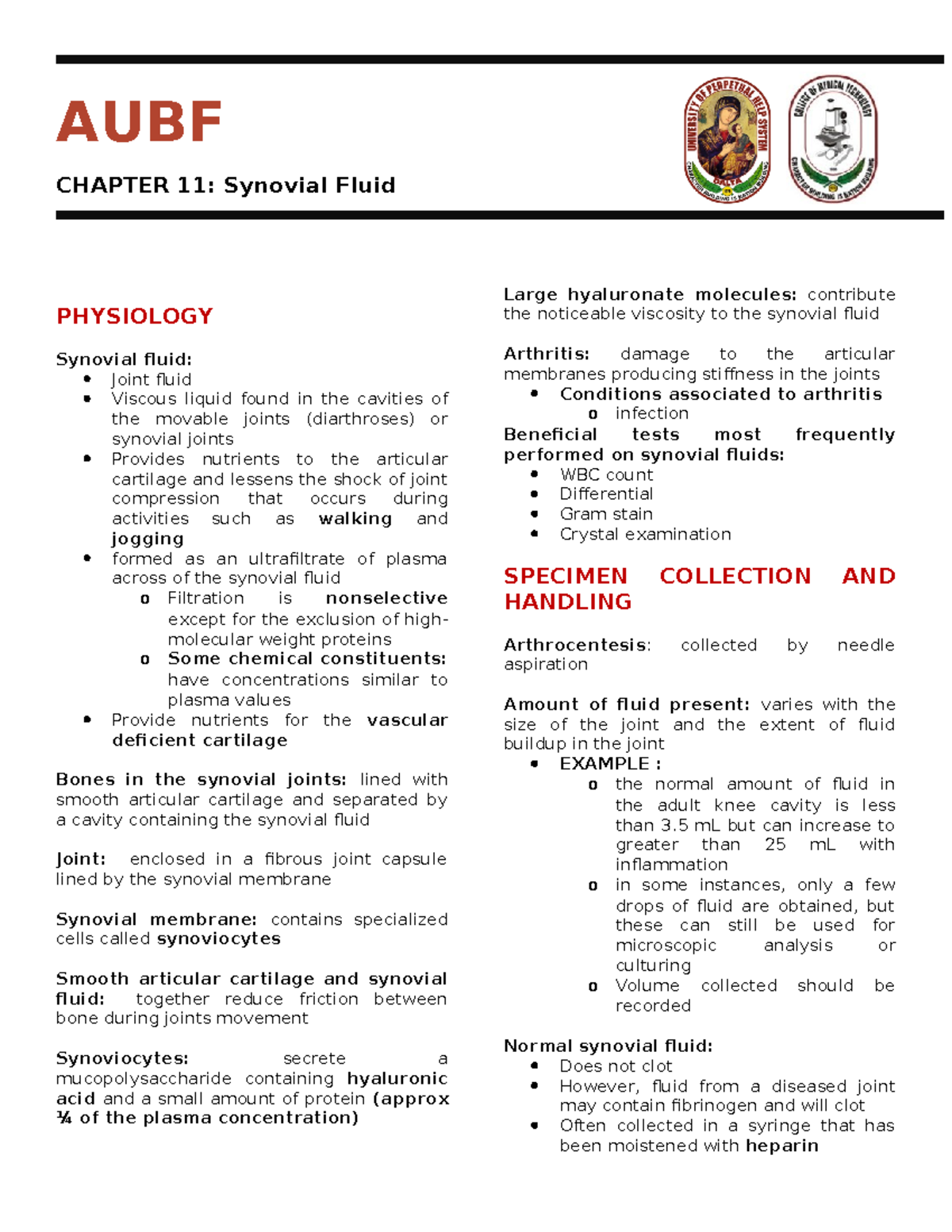 Chapter 11 Synovial fluid - CHAPTER 11: Synovial Fluid PHYSIOLOGY Synovial fluid: Joint fluid ...