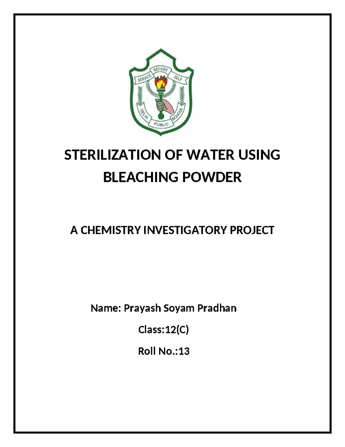 Investigatory Project - STERILIZATION OF WATER USING BLEACHING POWDER A ...