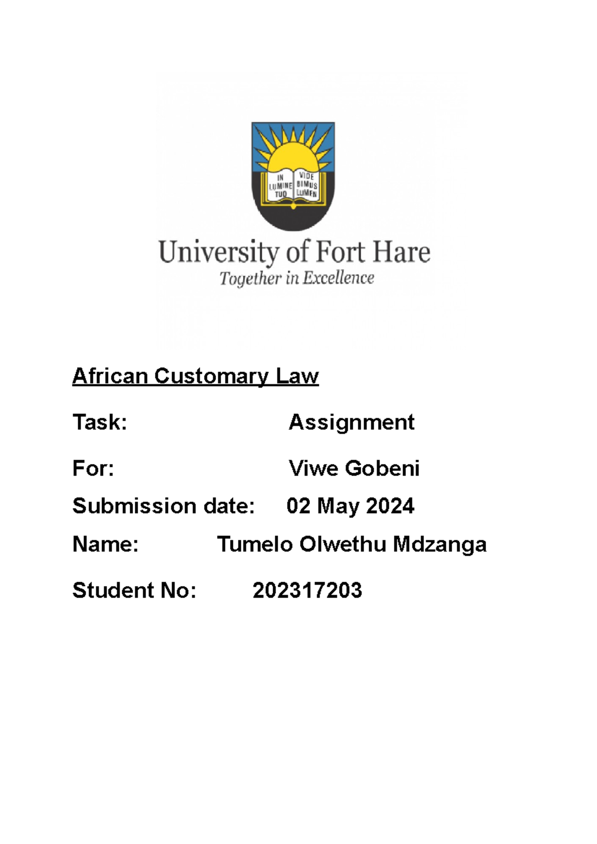 LAC213E Assignment - African Customary Law Task: Assignment For: Viwe ...