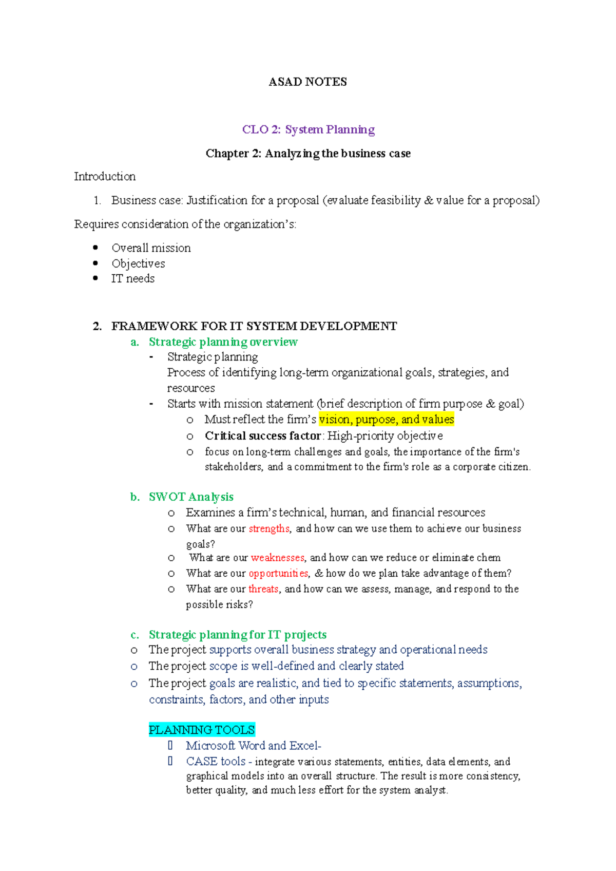Chapter 2 Notes - ASAD NOTES CLO 2: System Planning Chapter 2 ...