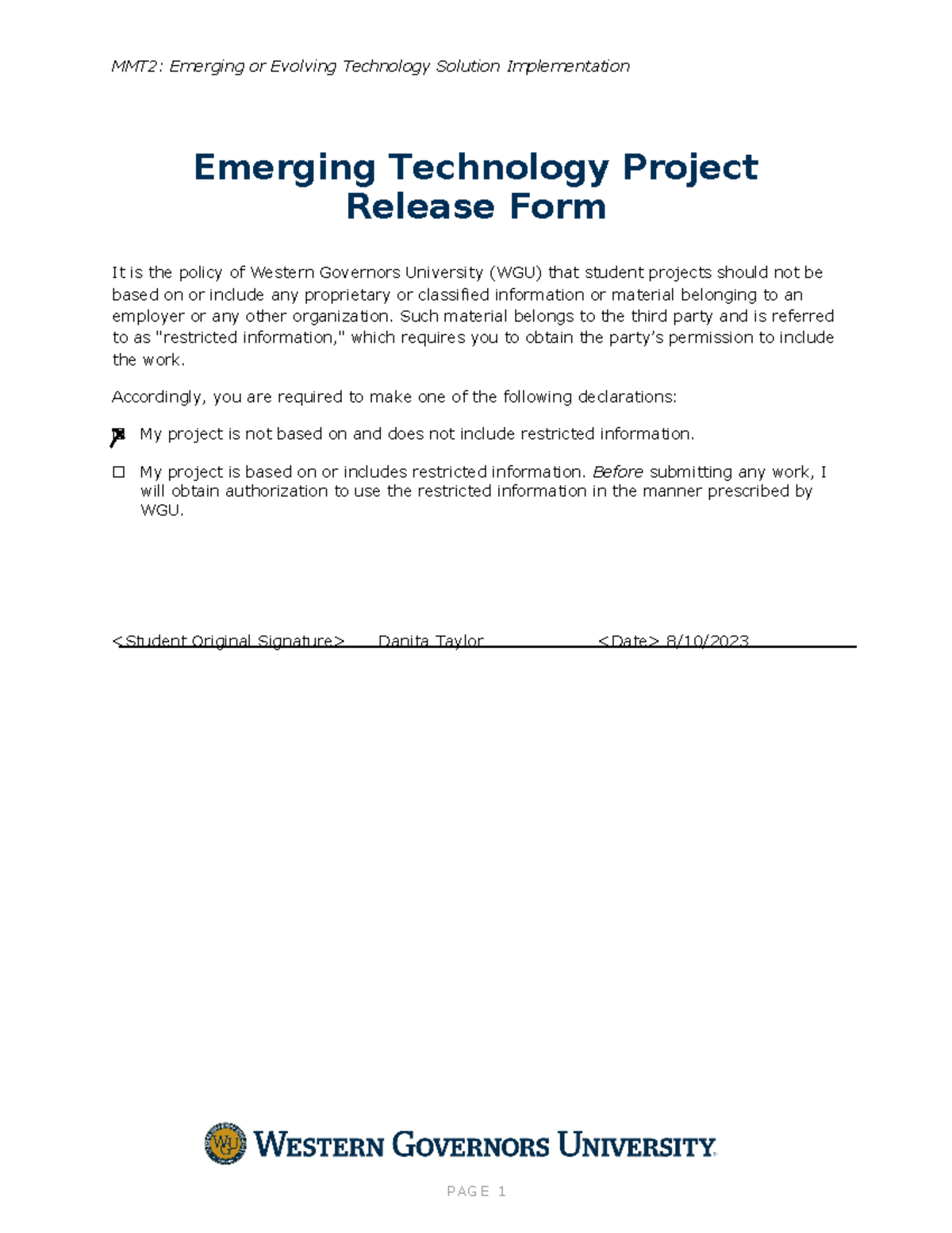 Emerging Technology Project Release Form task 1 - MMT2: Emerging or ...