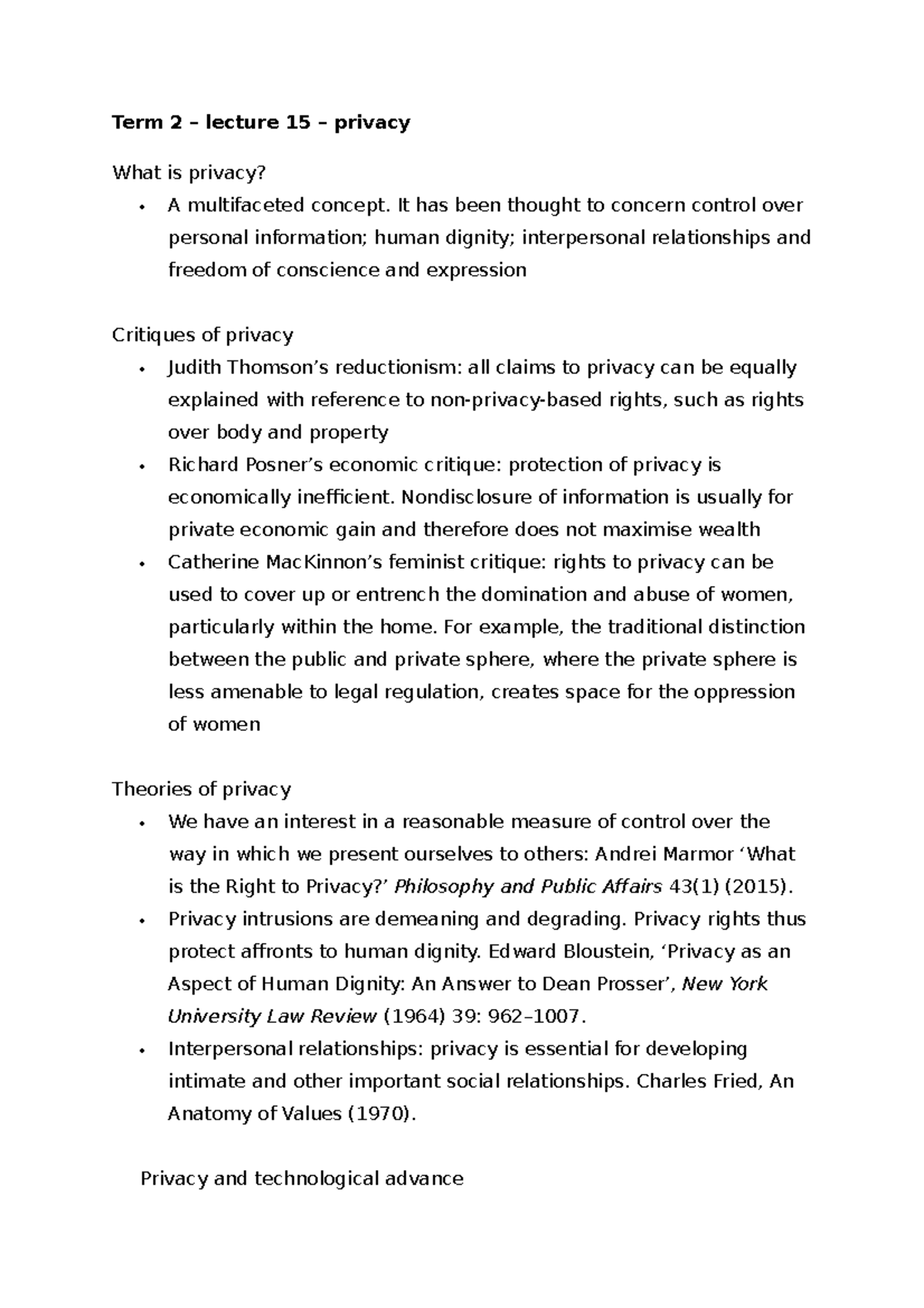 Privacy - Lecture notes term 2, lecture 15 - Term 2 – lecture 15 ...