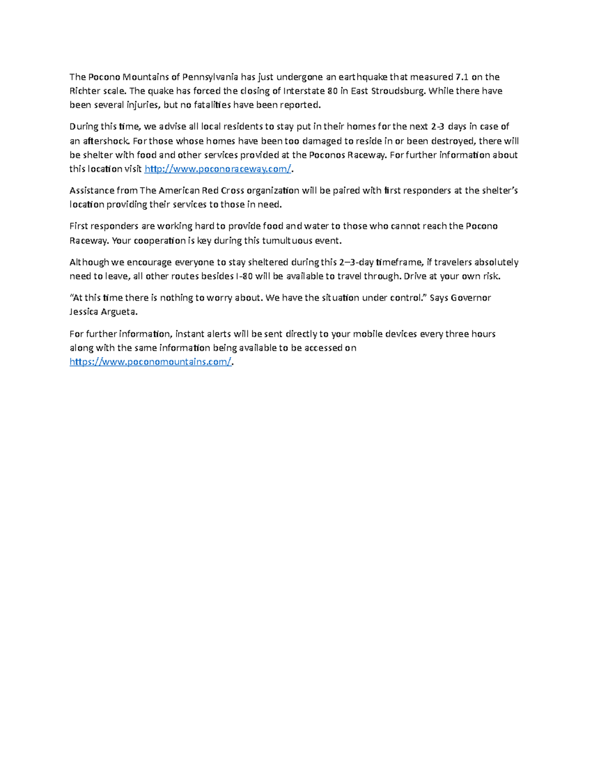 Emergency + Crisis Response Writing Example - The Pocono Mountains of ...