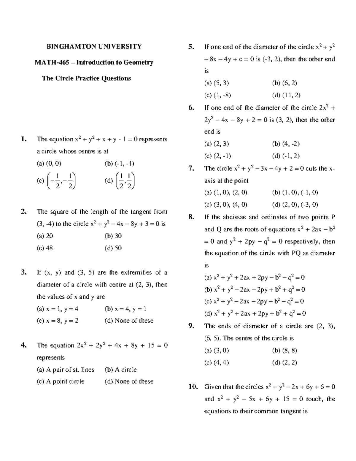 (4) The Circle - ####### BINGHAMTON UNIVERSITY MATH-465 – Introduction ...