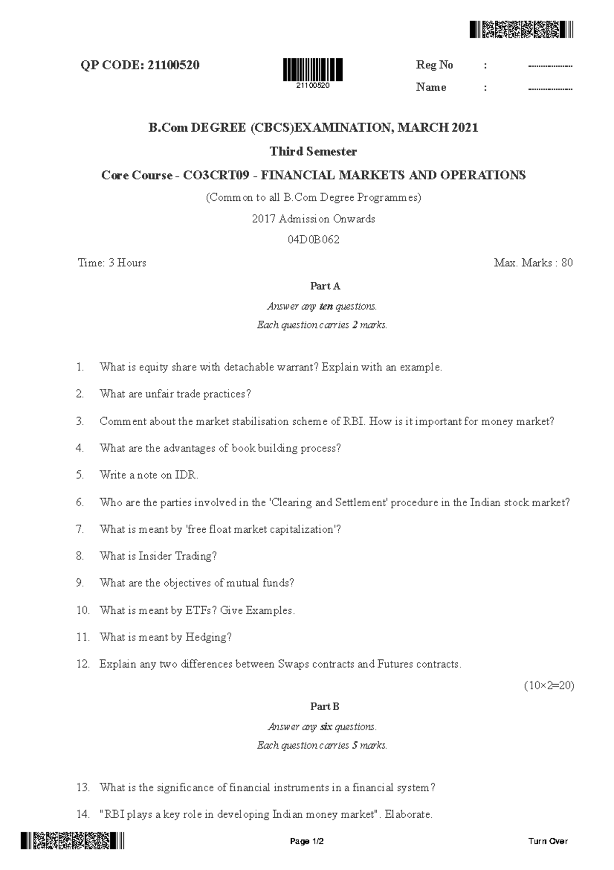 Financial Markets & Operations 2021 - QP CODE: 21100520 Reg No : ..................... Name ...