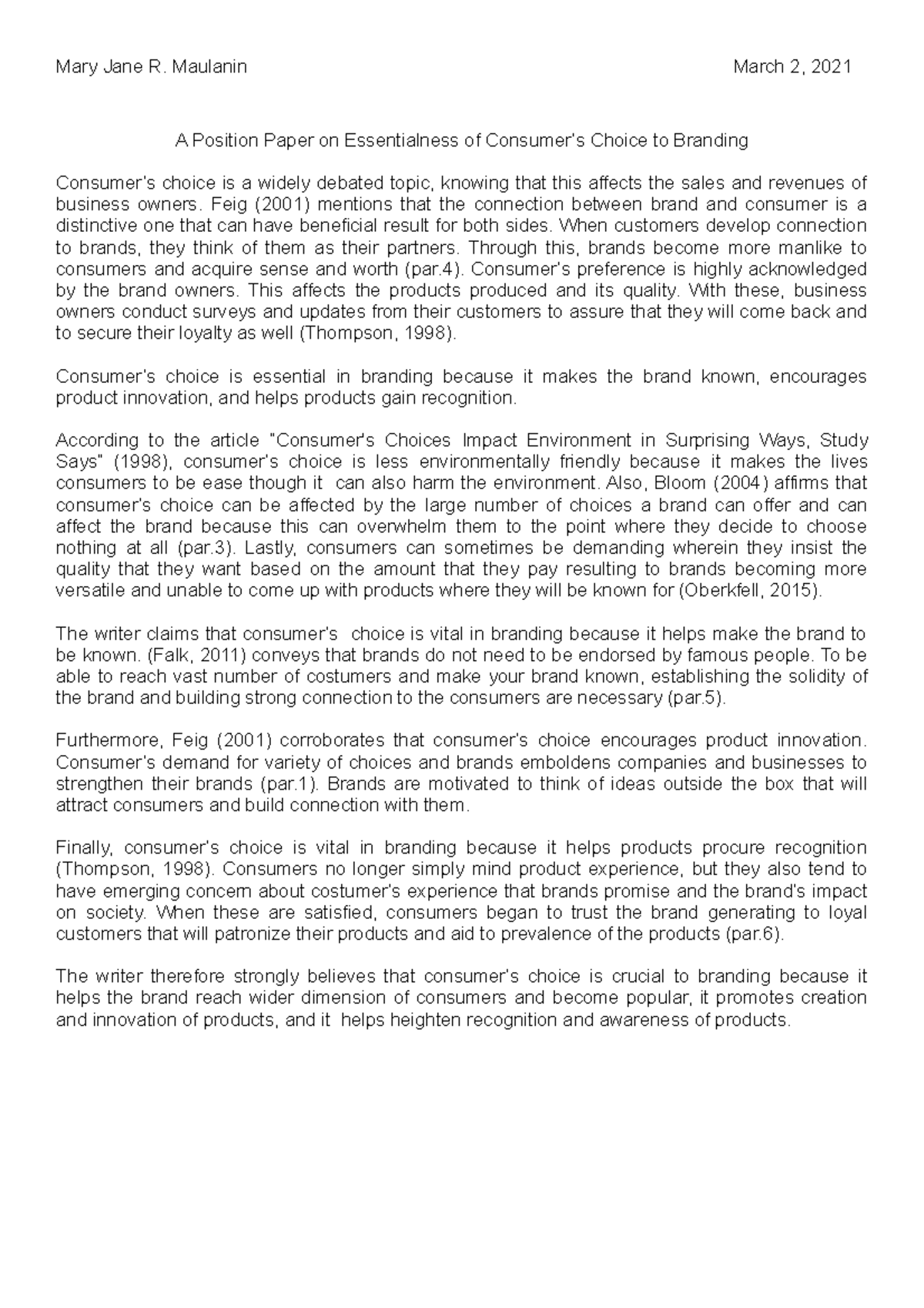 A Position Paper on Essentialness of Consumer’s Choice to Branding ...